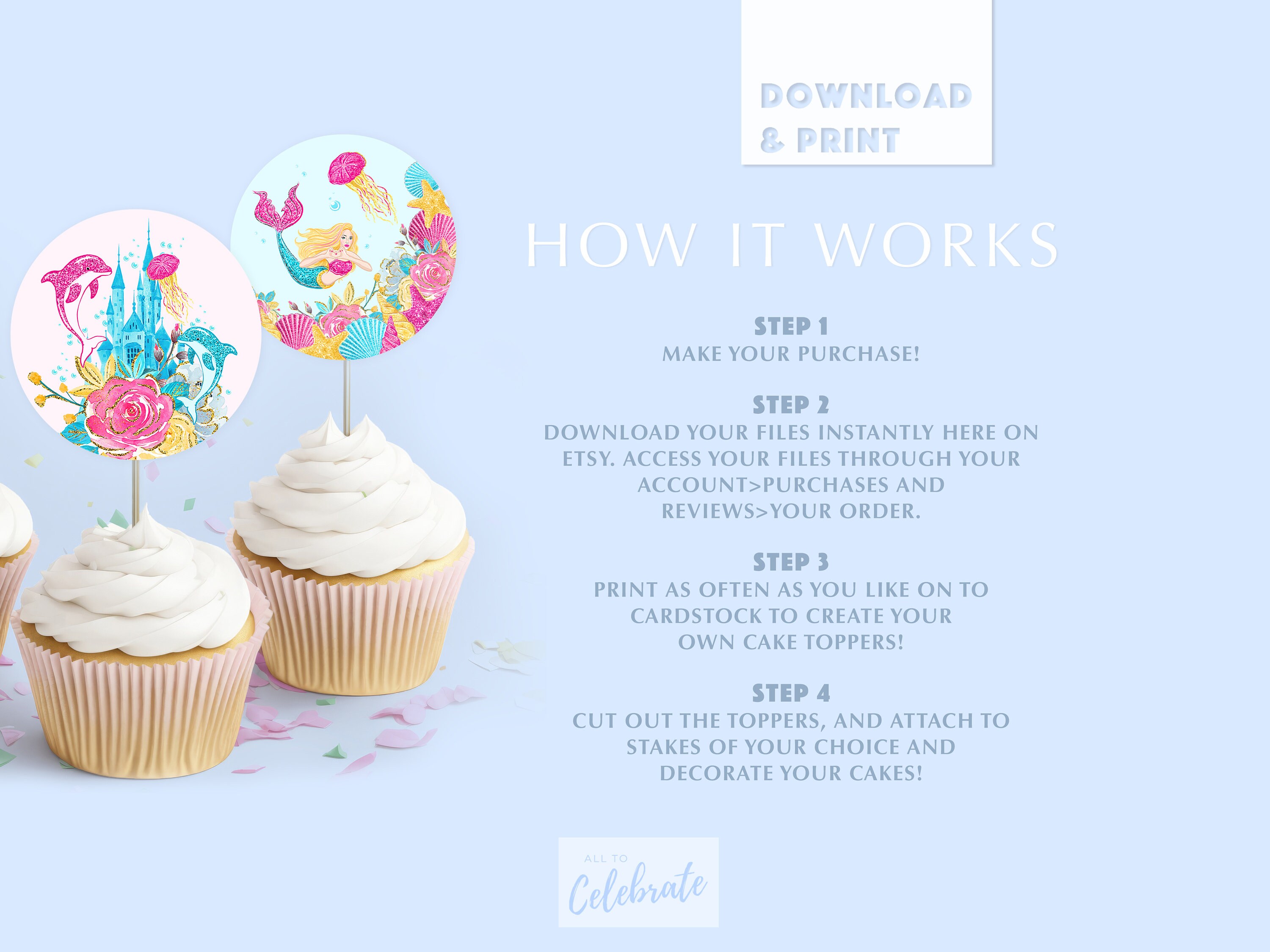 Mermaid Party Cupcake Toppers, Printable Under the Sea Cake Decorations ...