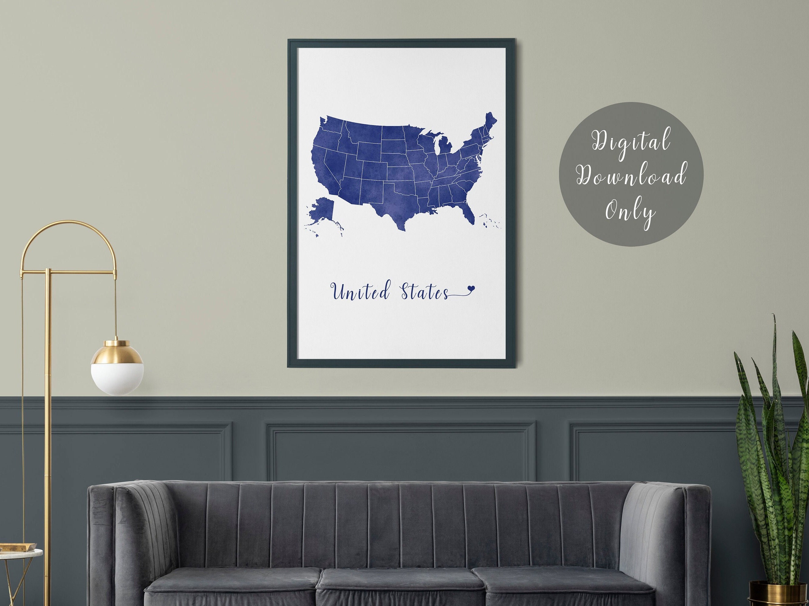 USA Map Print Navy Blue Map Printable Watercolour US Map Wall Art ...