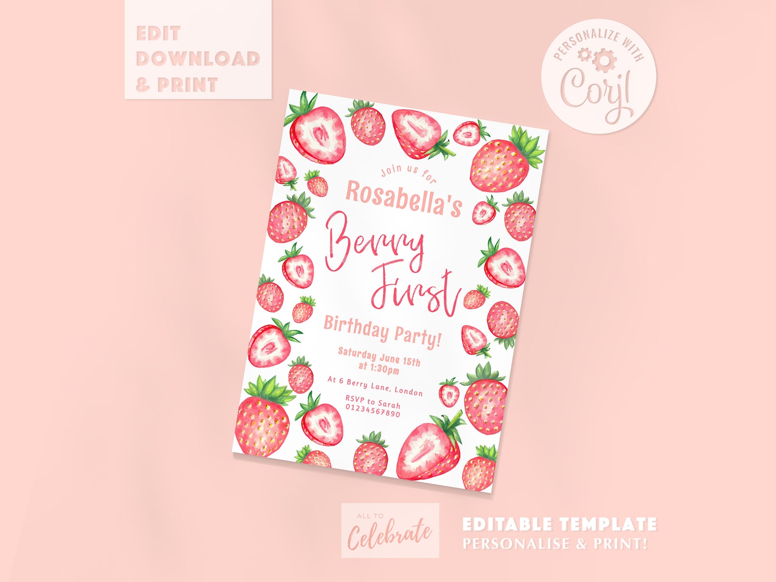 Berry First Birthday Invitation Template: Strawberry Theme (digital ...