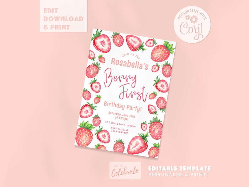 Berry First Birthday Invitation Template, Printable Berry Sweet Invite ...