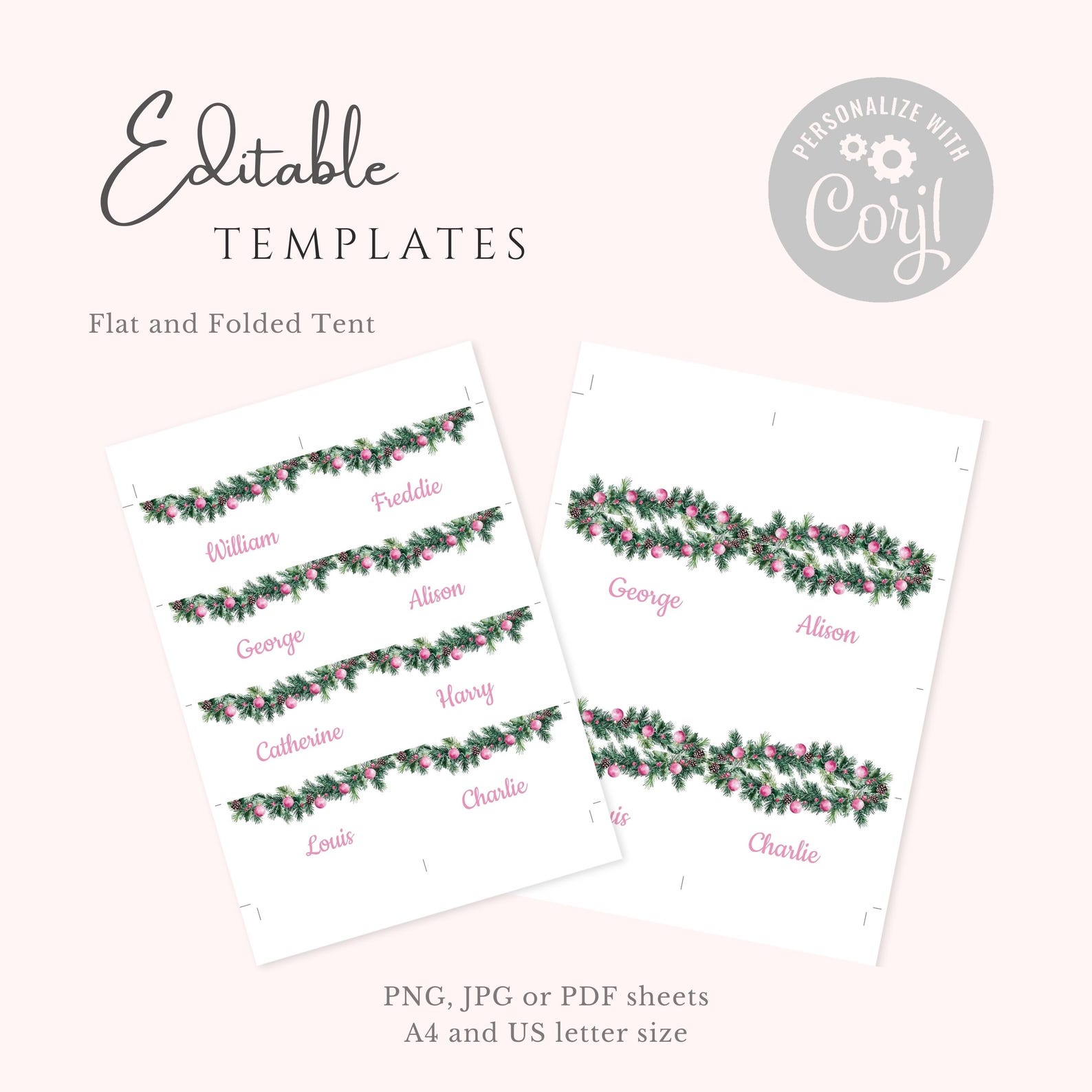 Pink Garland Christmas Place Cards, Editable Pink Xmas Food Labels ...