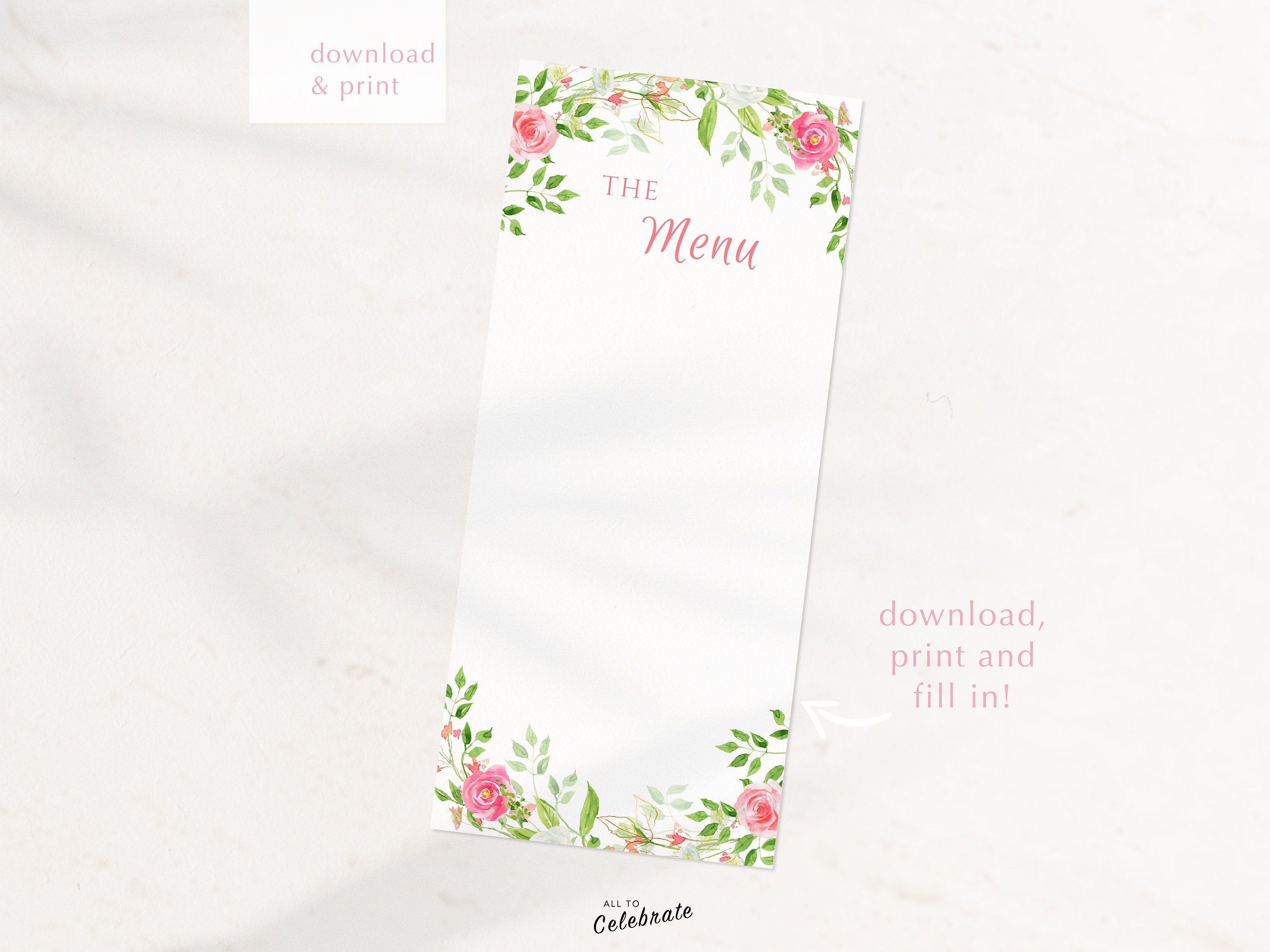 Printable Floral Themed Blank Menu and Place Cards Floral Food Labels ...