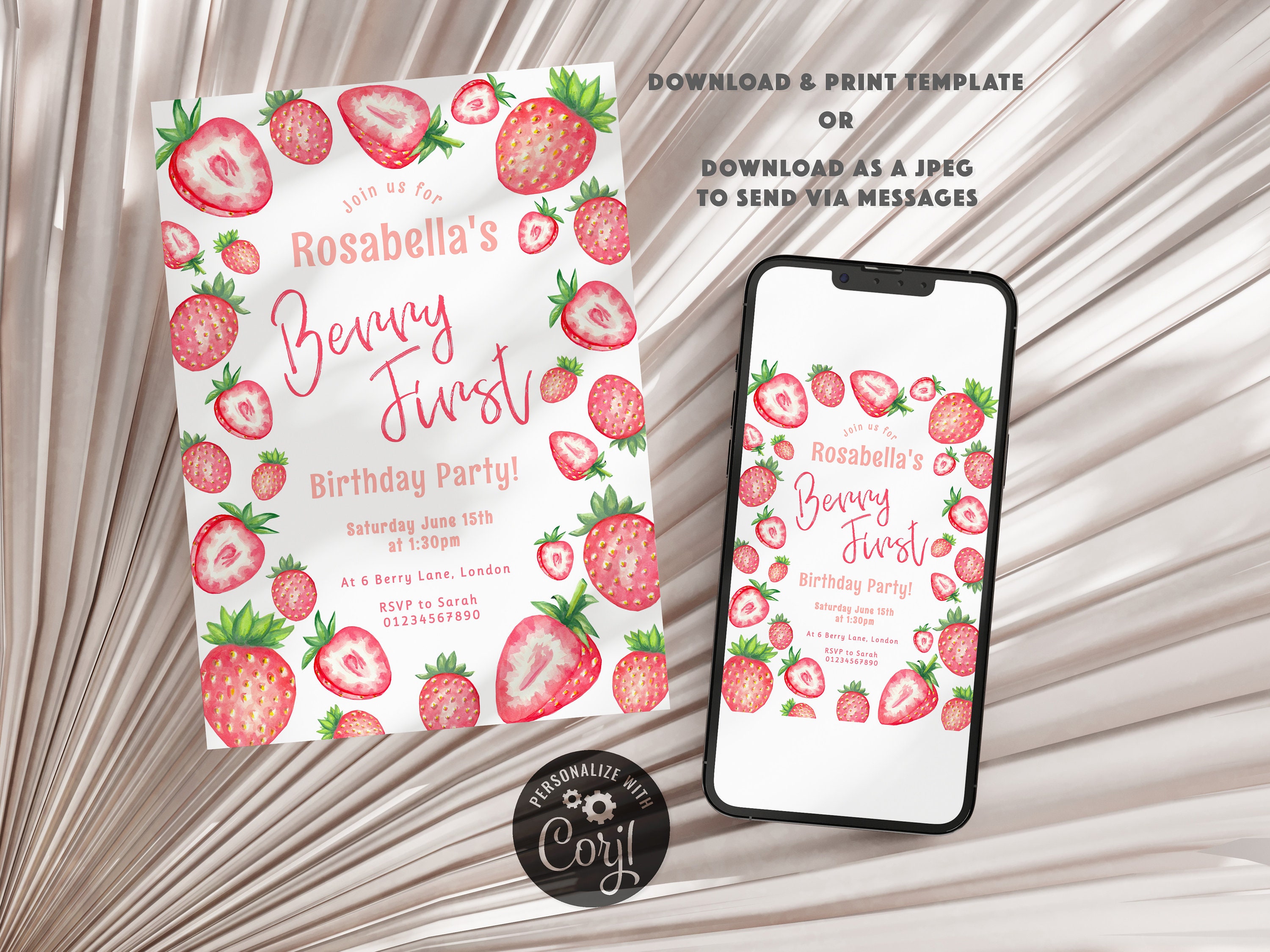 Berry First Birthday Invitation Template: Strawberry Theme (digital ...