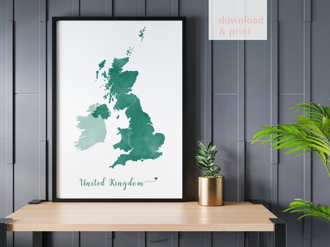 Digital Download Print of UK Emerald Green Map Watercolour Map ...