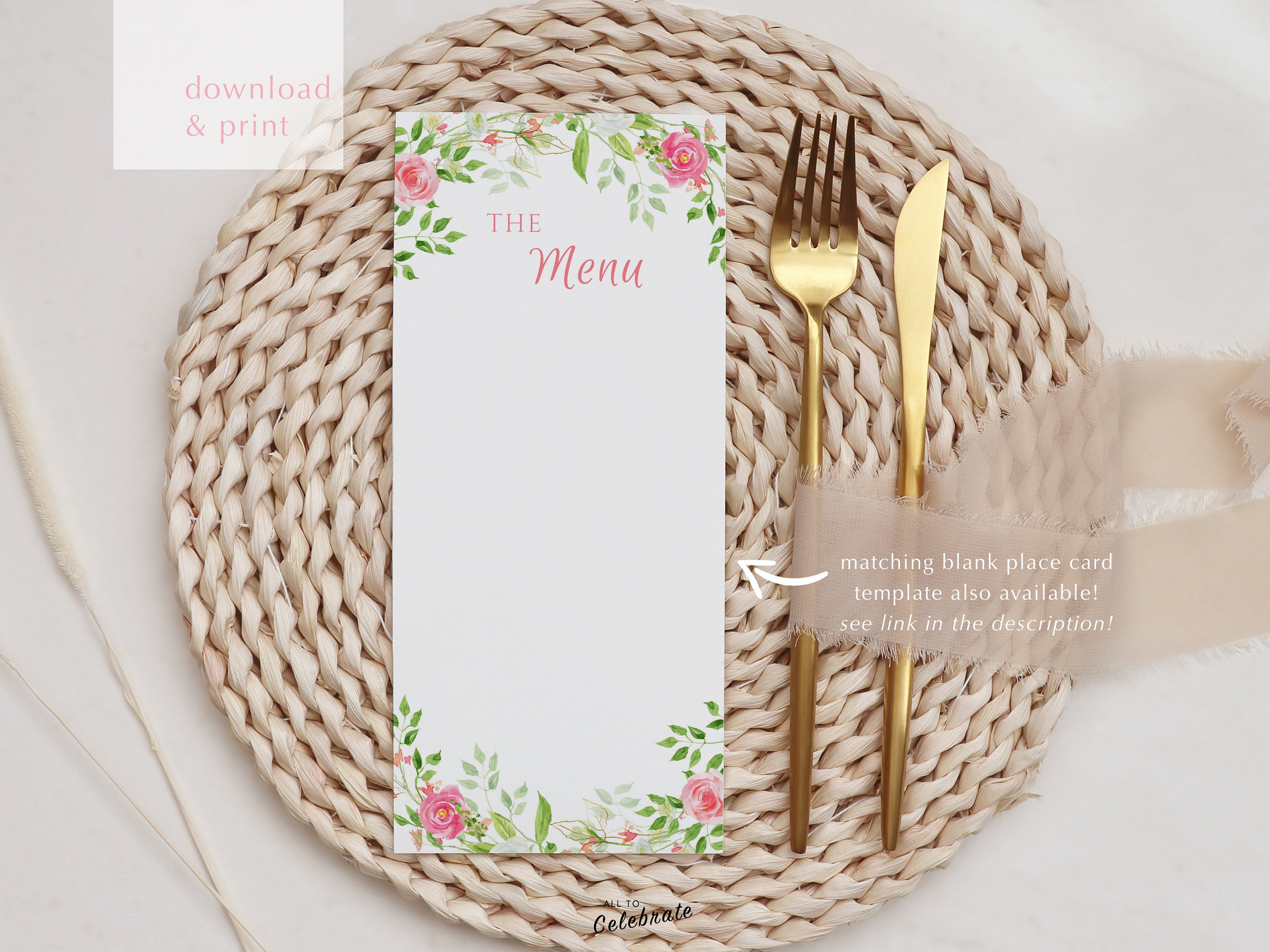 Printable Floral Themed Blank Menu and Place Cards Floral Food Labels ...