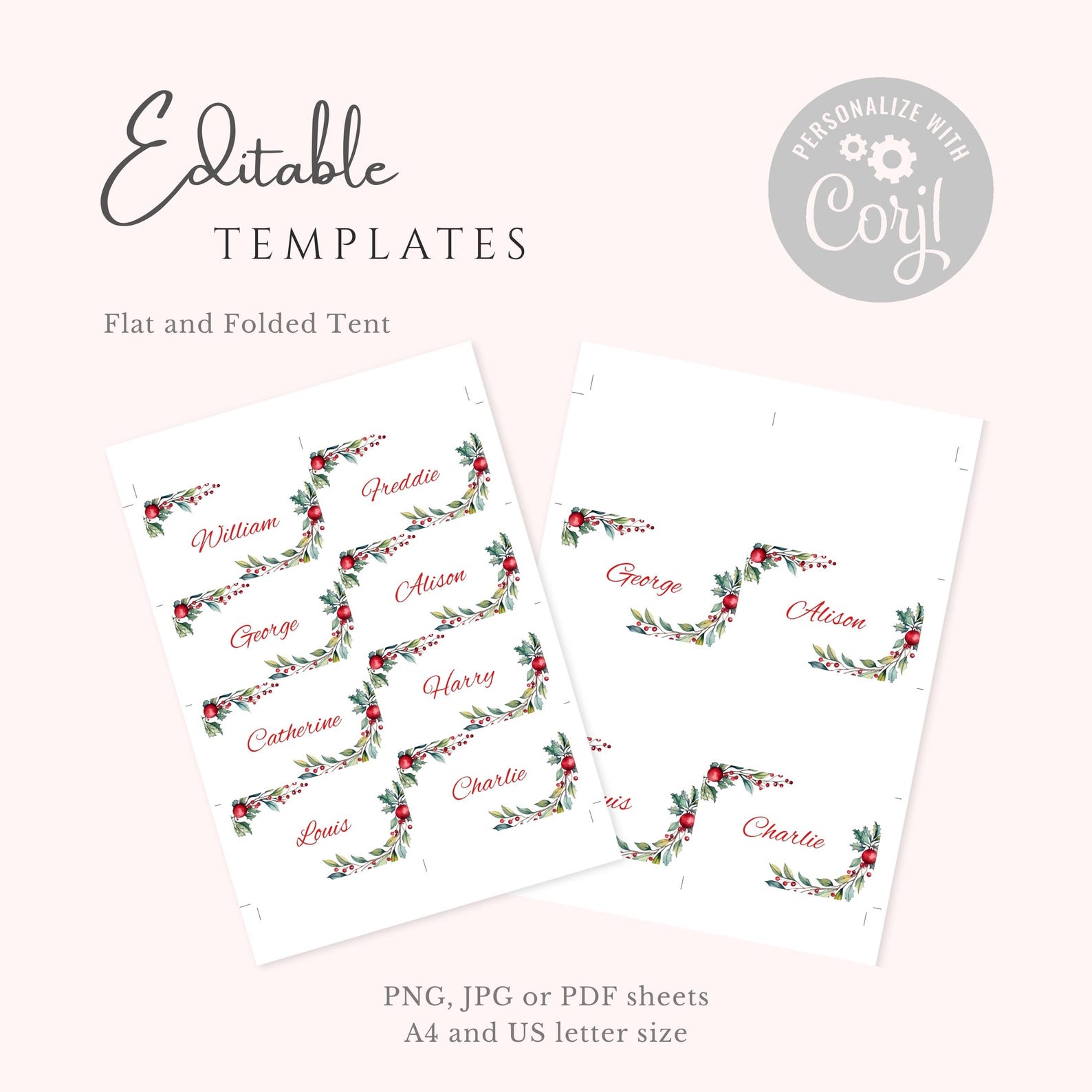Christmas Party Menu and Place Cards, Editable Xmas Name Tag, Food List ...