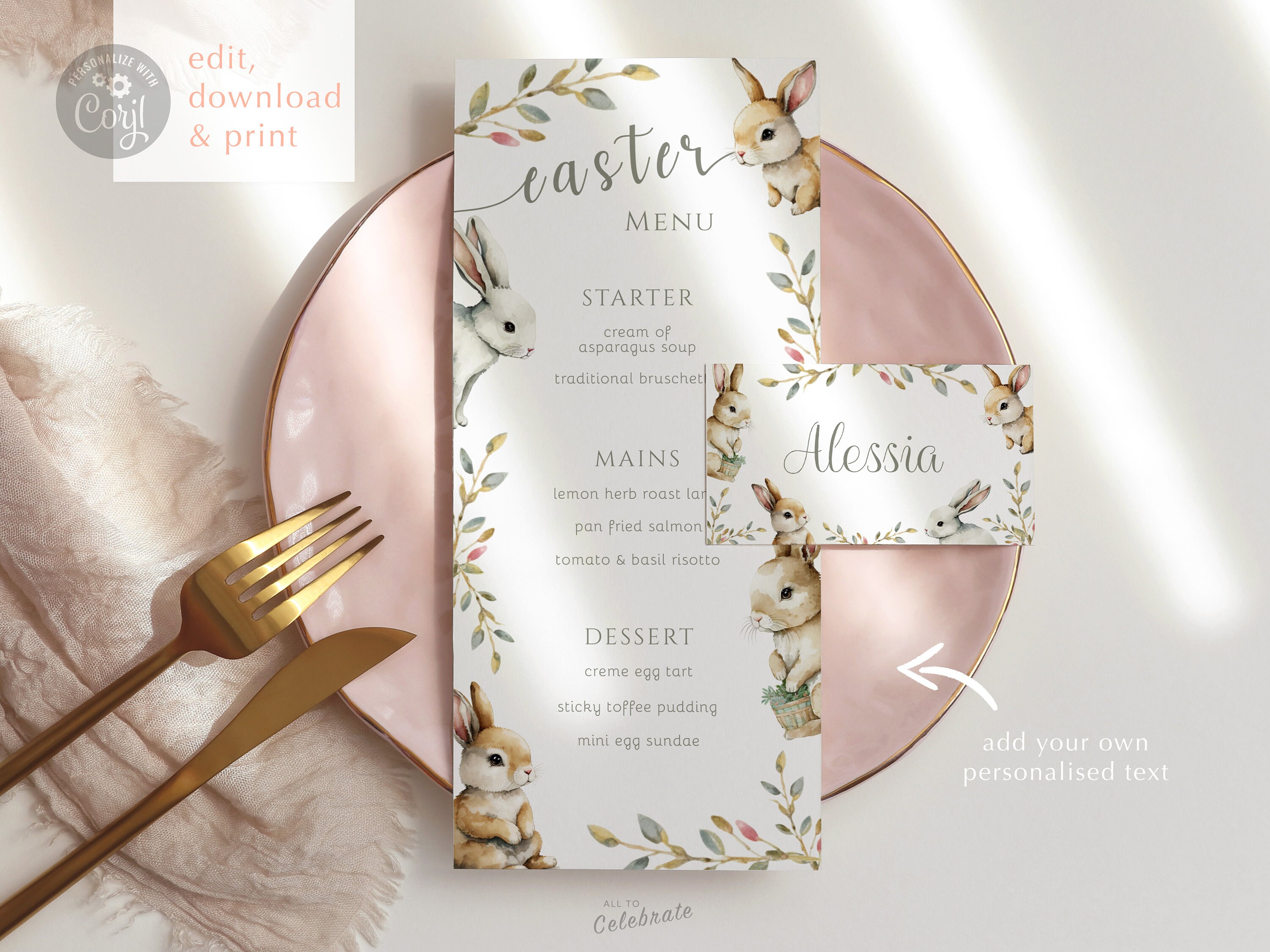 Easter Bunny Menu & Place Card Template: Watercolor Floral (digital ...