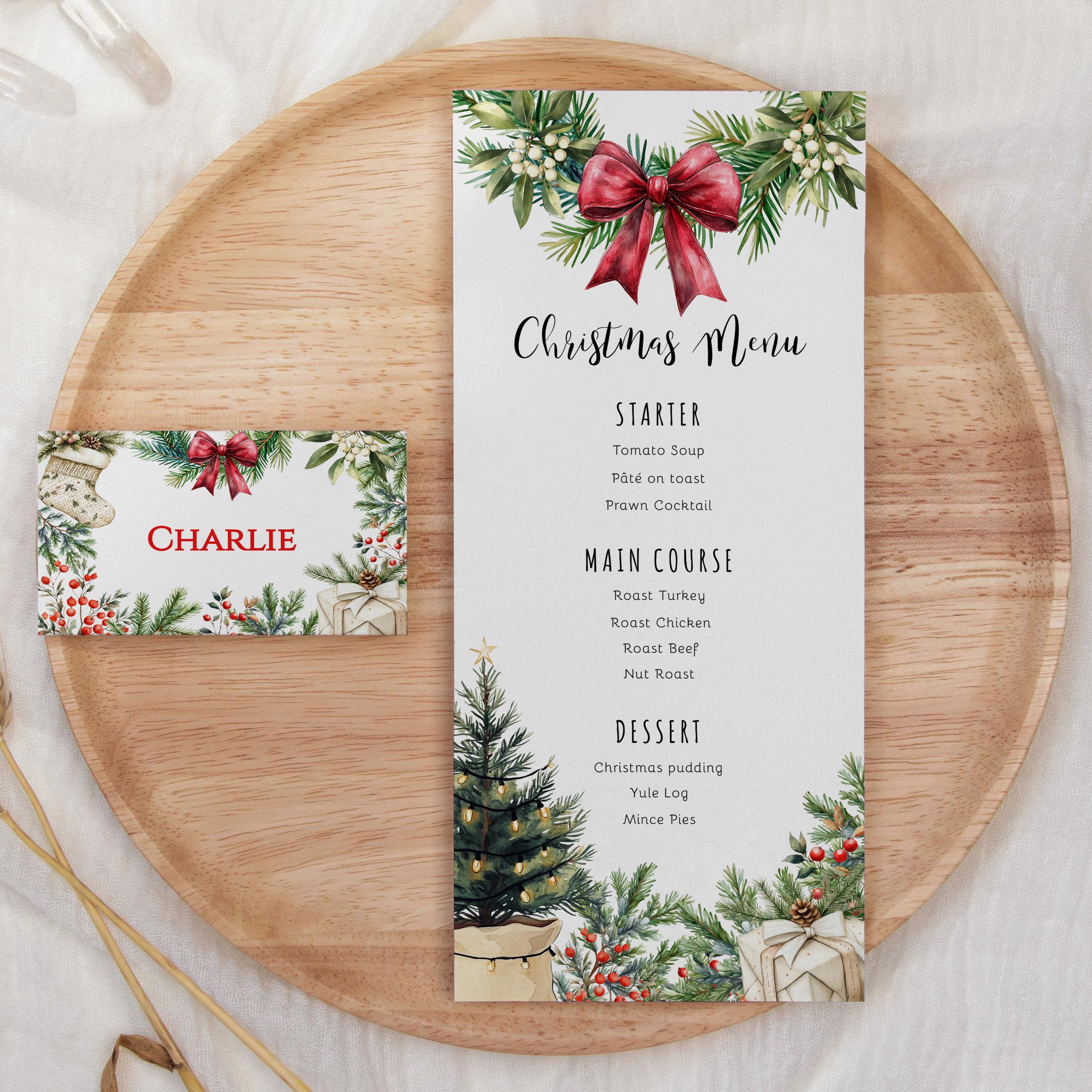 Christmas Party Menu and Place Cards, Editable Xmas Name Tags and Food ...