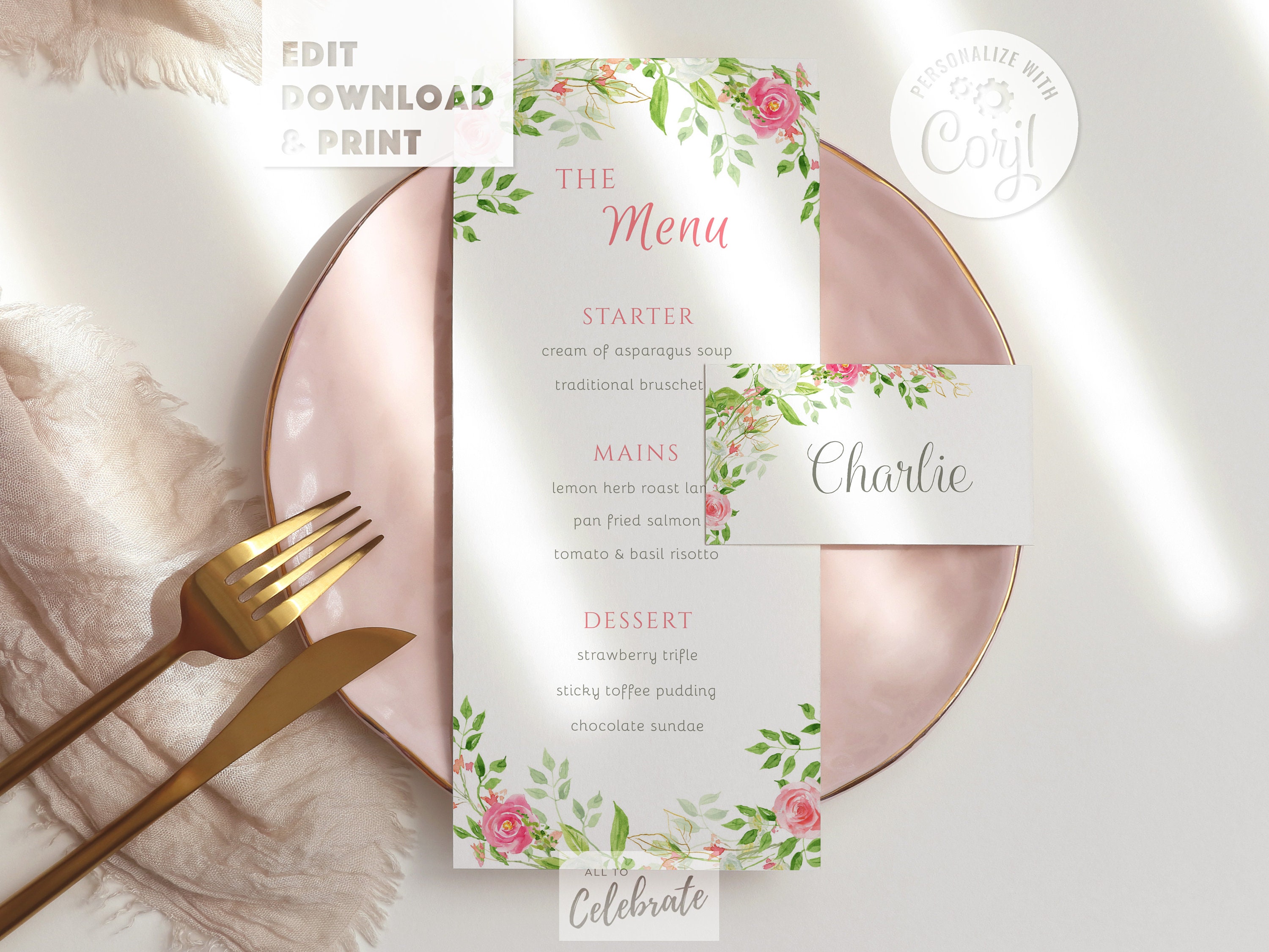 Editable Floral Themed Menu and Place Cards Floral Food Labels Template ...