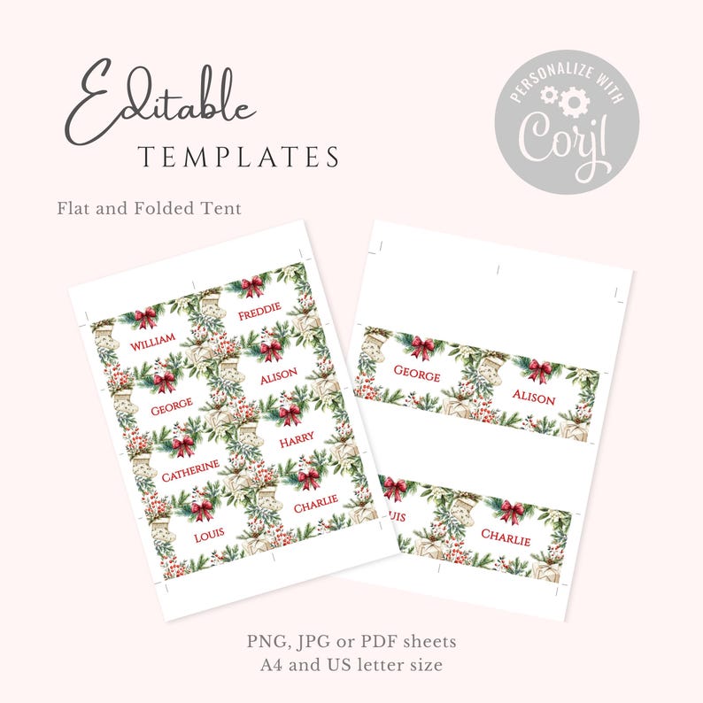 Christmas Party Menu and Place Cards, Editable Xmas Name Tags and Food ...