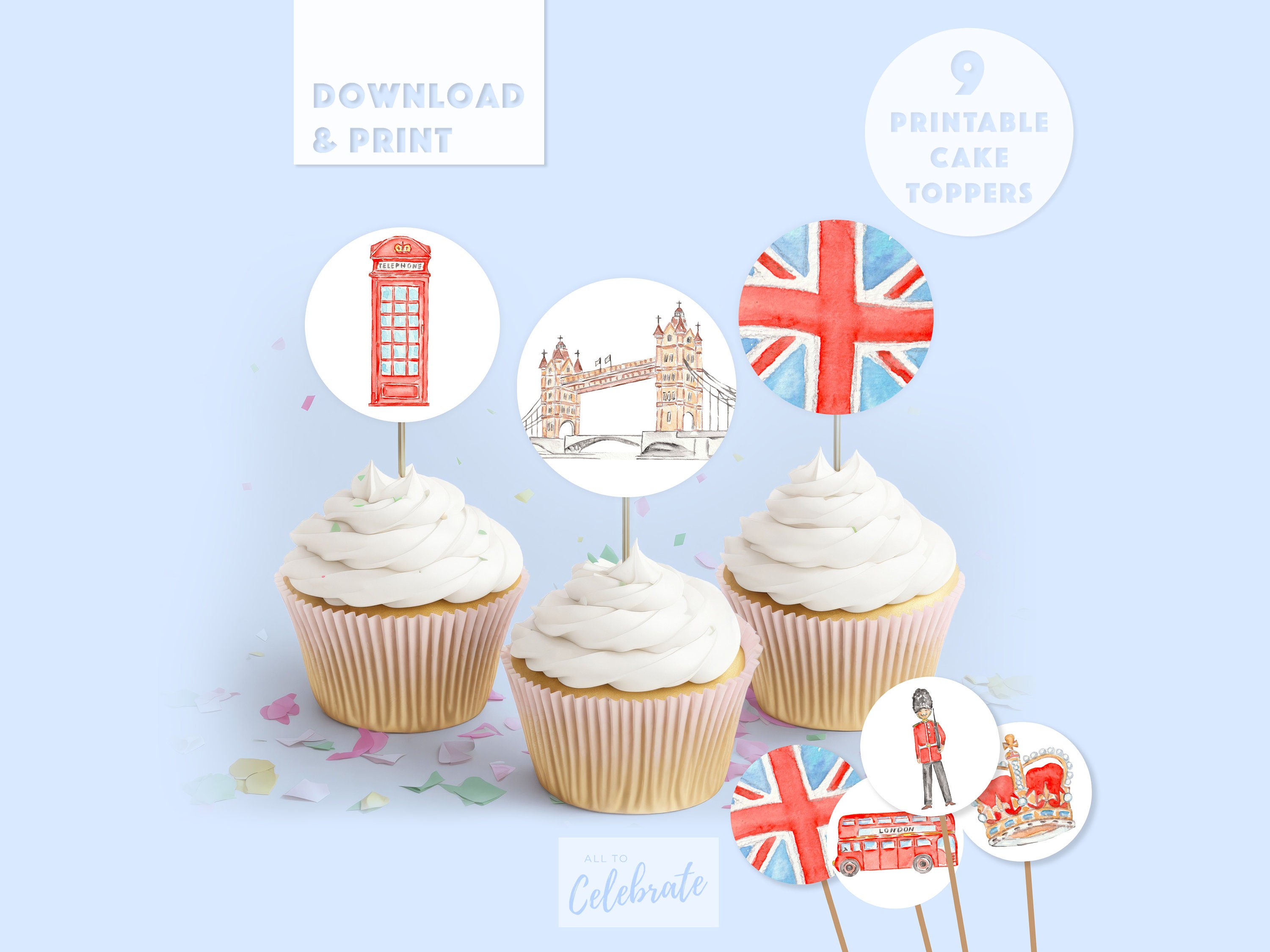London Cupcake Toppers, Printable Cake Decorations, English Tea Party ...