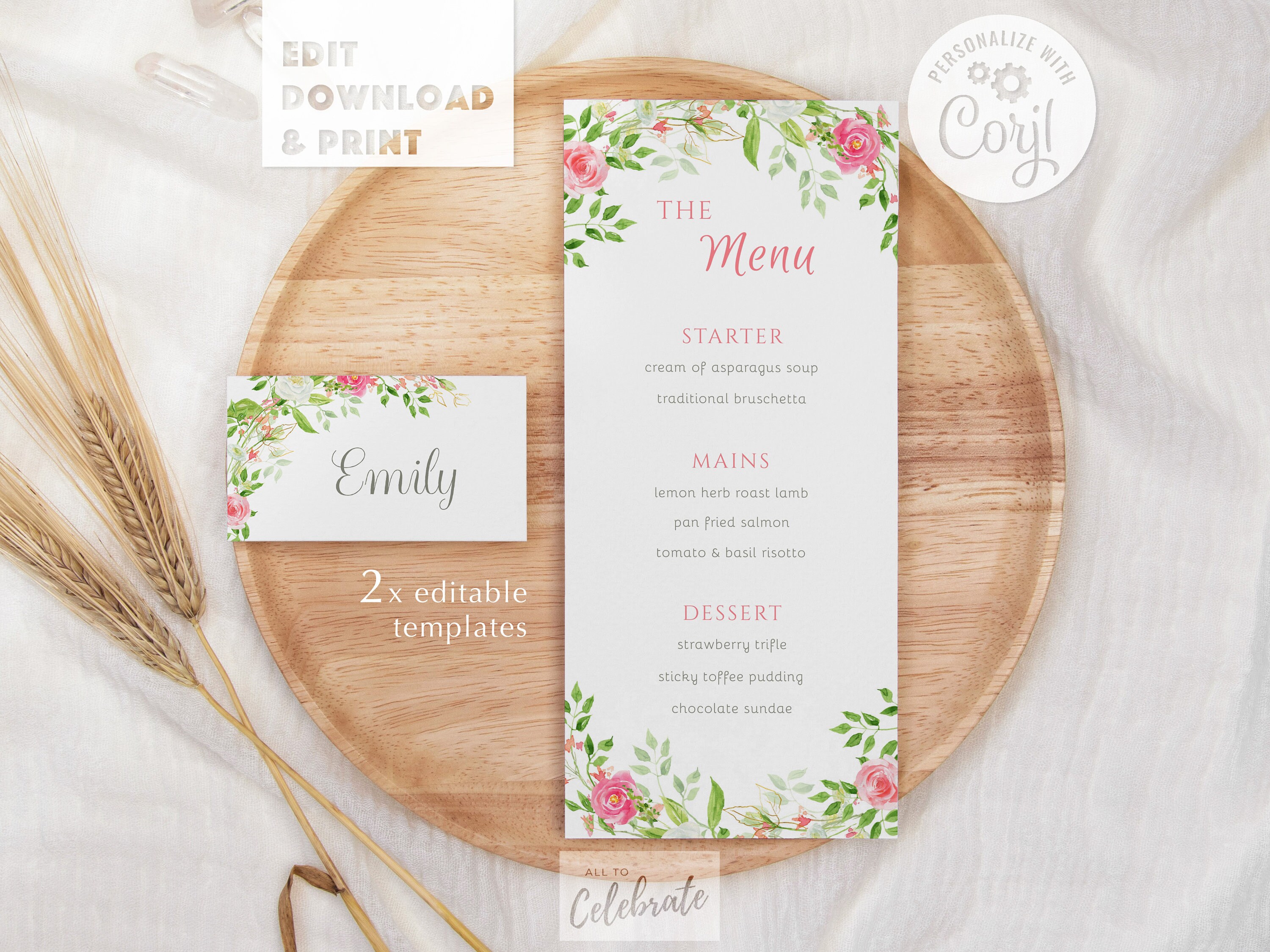 Editable Floral Themed Menu and Place Cards Floral Food Labels Template ...