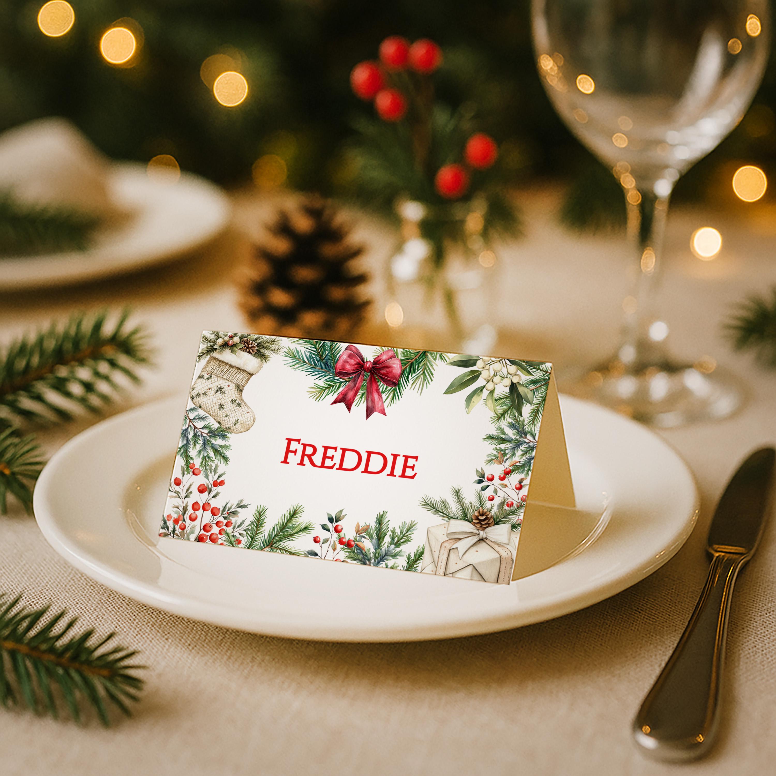 Christmas Party Menu and Place Cards, Editable Xmas Name Tags and Food ...