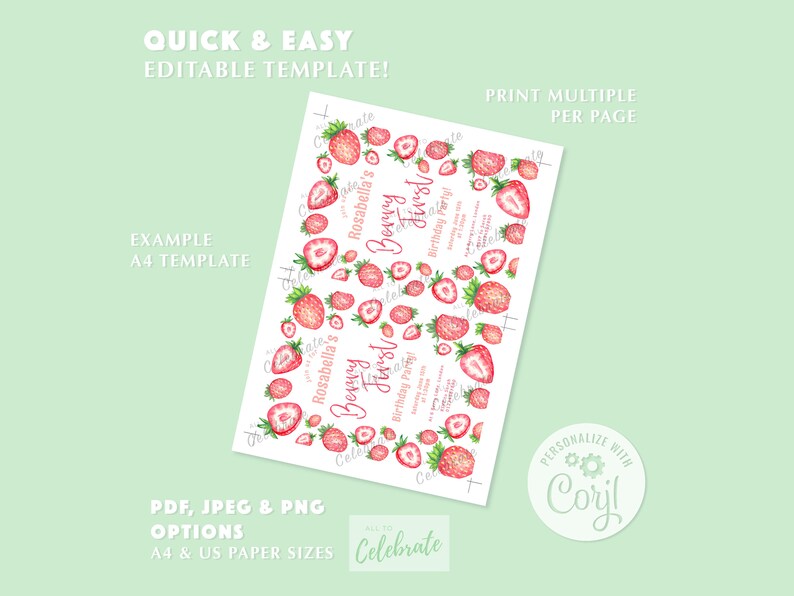 Berry First Birthday Invitation Template, Printable Berry Sweet Invite ...