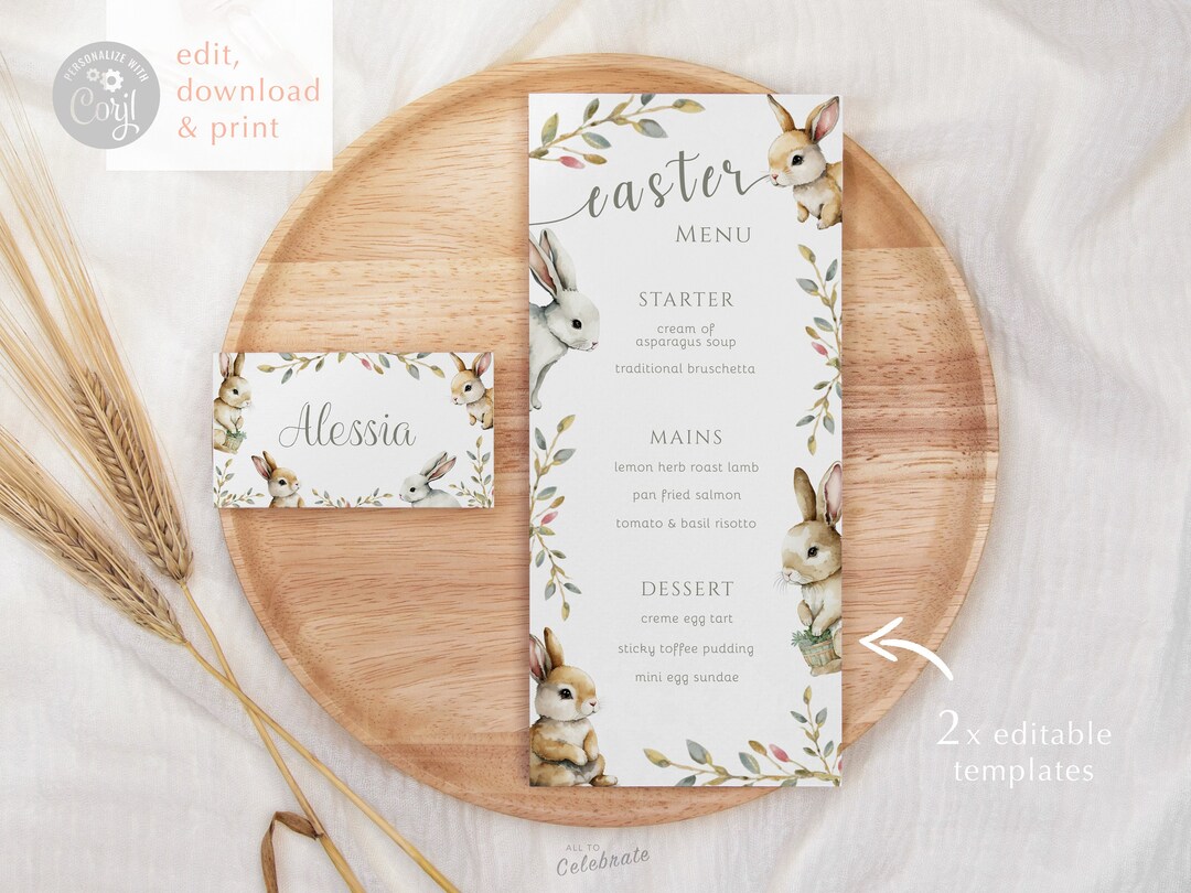 Easter Bunny Menu & Place Card Template: Watercolor Floral (digital ...