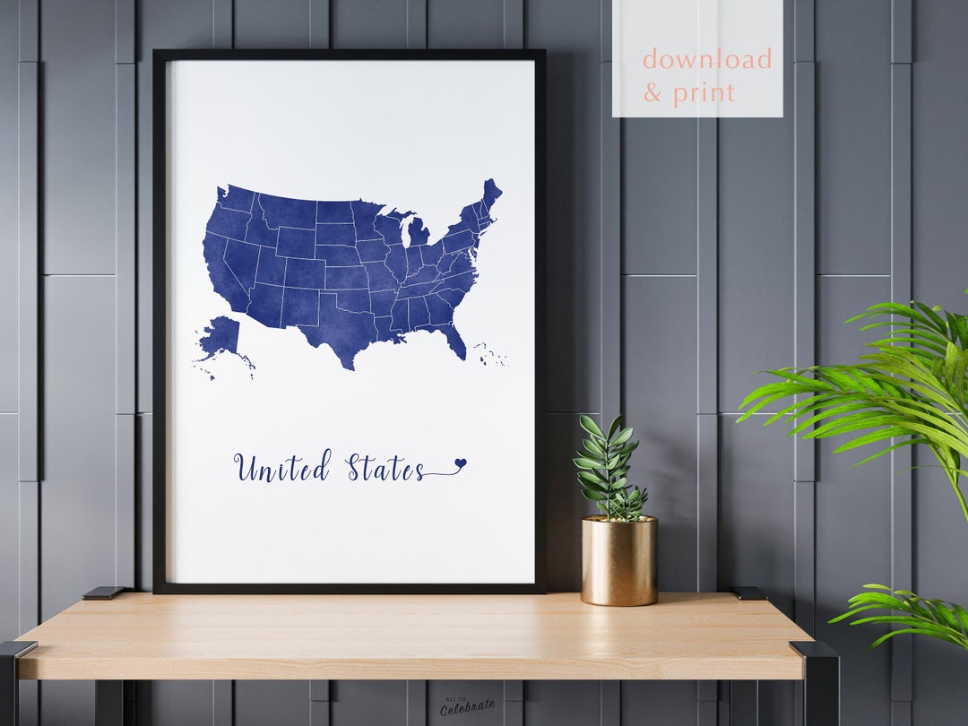 USA Map Print Navy Blue Map Printable Watercolour US Map Wall Art ...