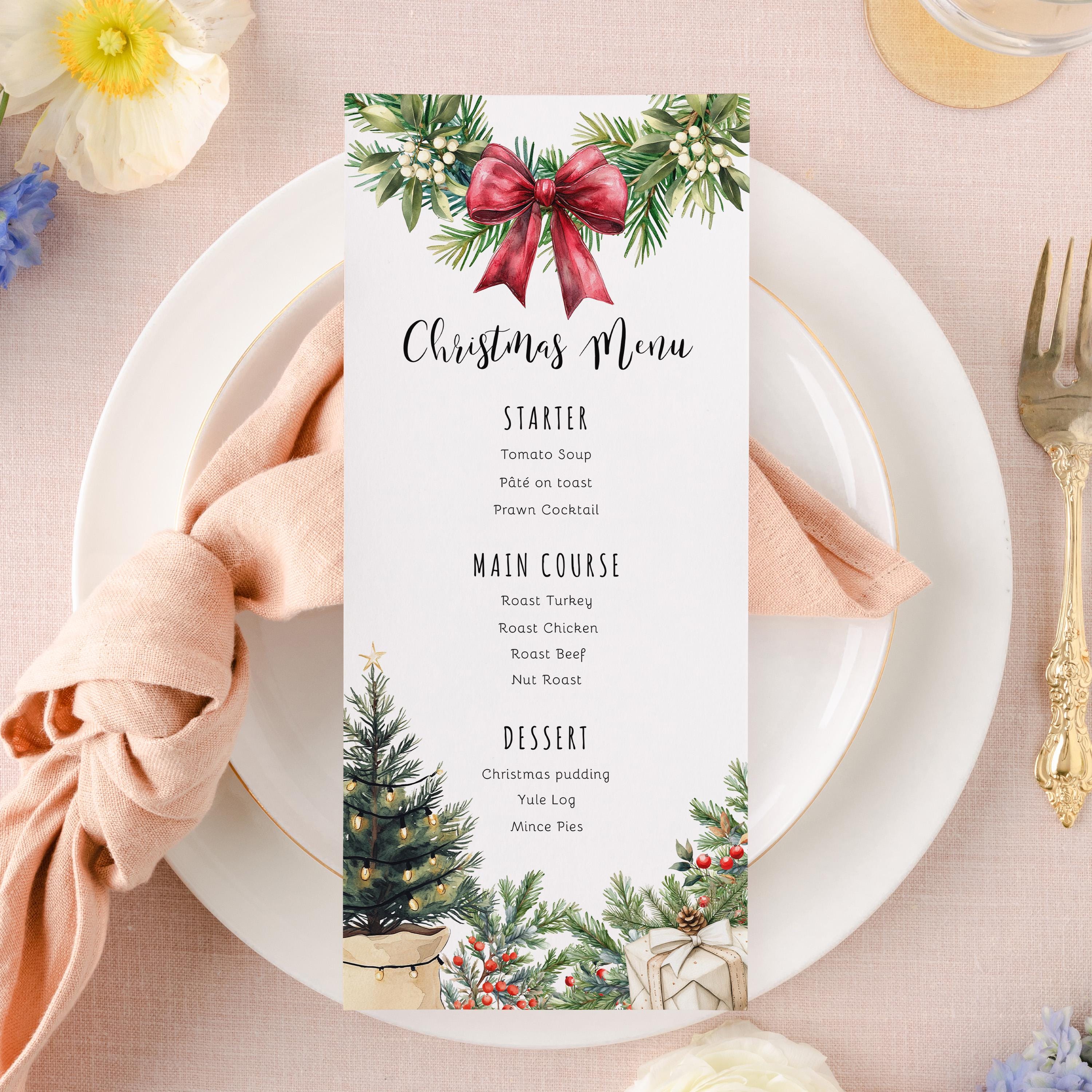 Christmas Party Menu and Place Cards, Editable Xmas Name Tags and Food ...