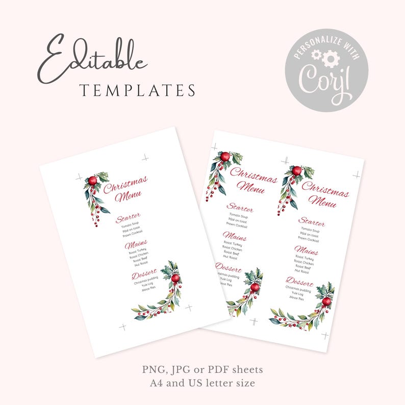 Christmas Party Menu and Place Cards, Editable Xmas Name Tag, Food List ...