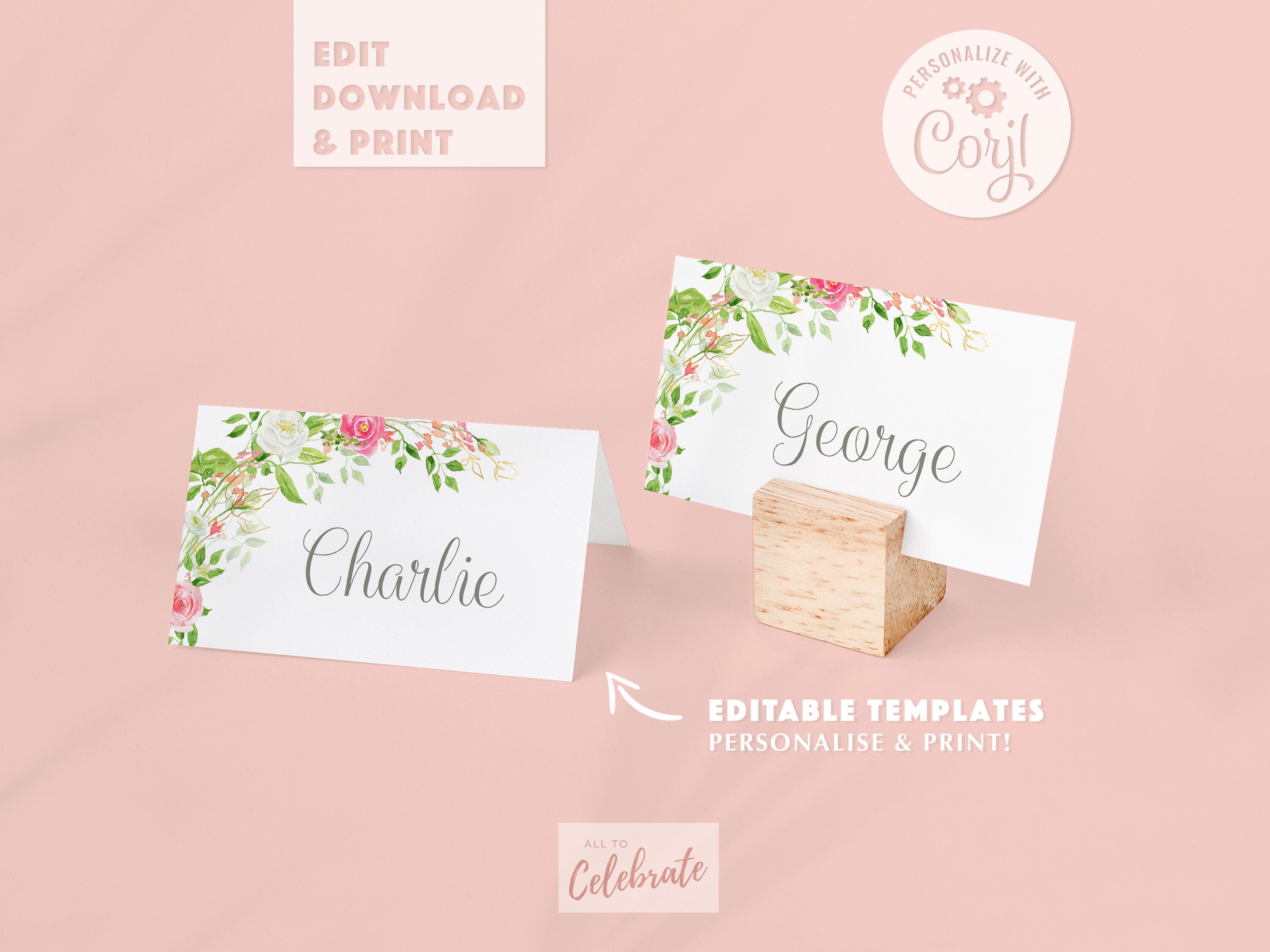 Editable Floral Themed Menu and Place Cards Floral Food Labels Template ...