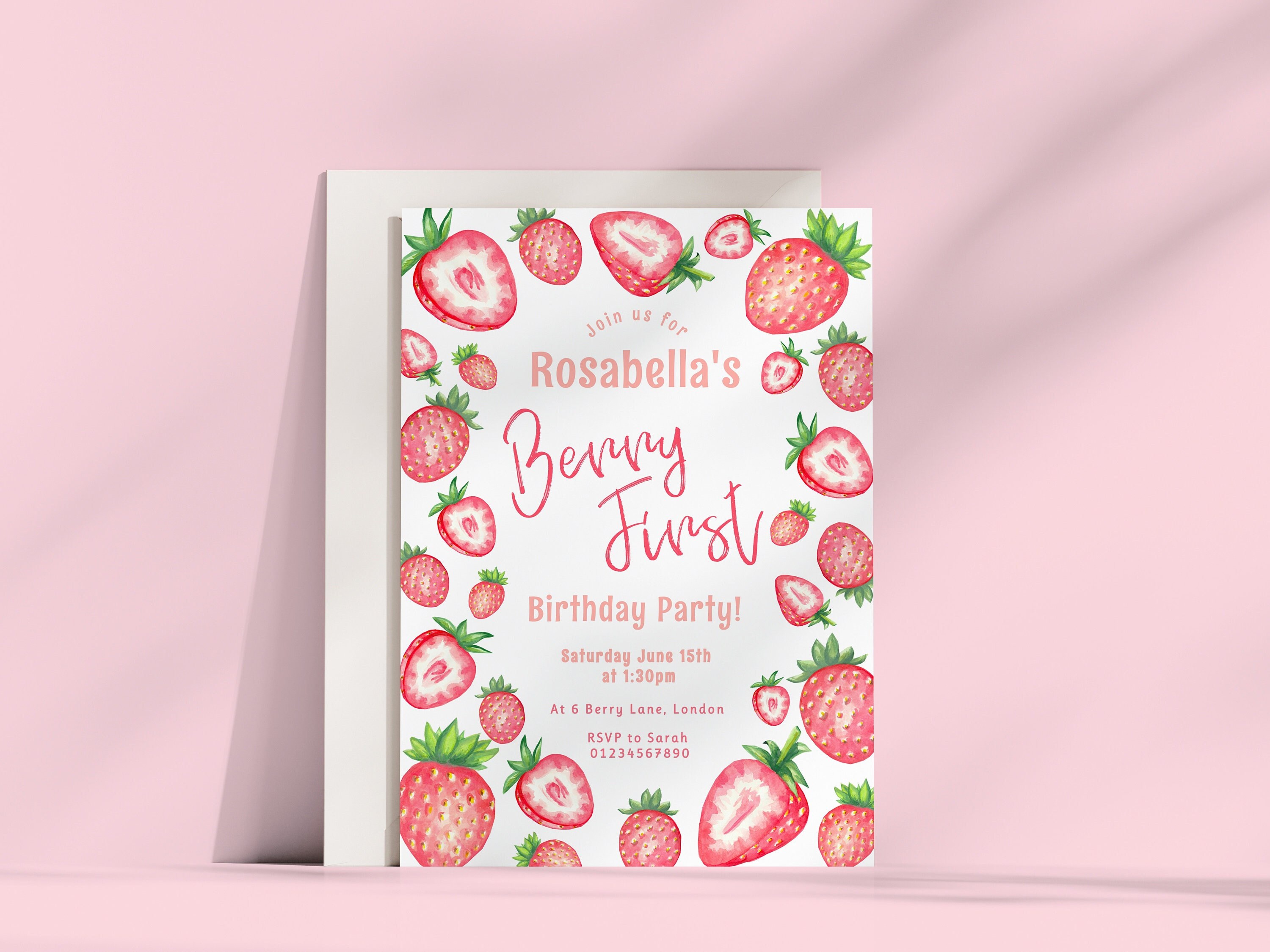 Berry First Birthday Invitation Template: Strawberry Theme (digital ...