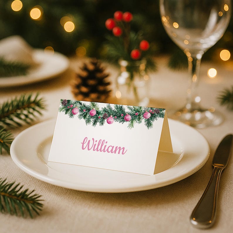 Pink Garland Christmas Place Cards, Editable Pink Xmas Food Labels ...