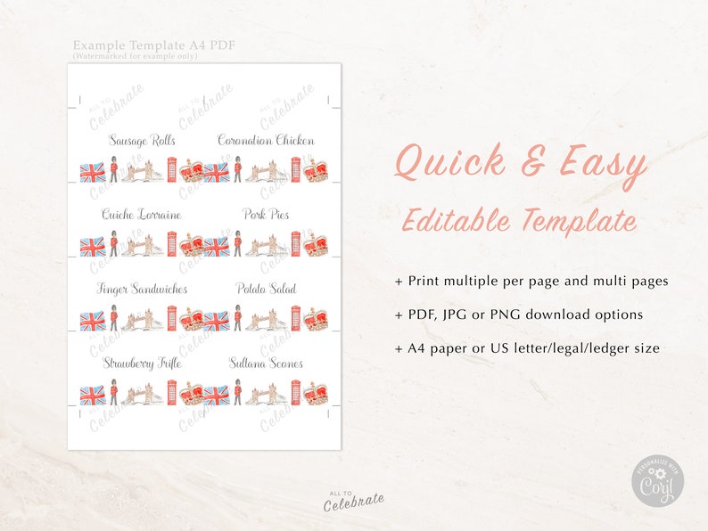 Editable London Themed Party Food Labels, Place Cards, British ...