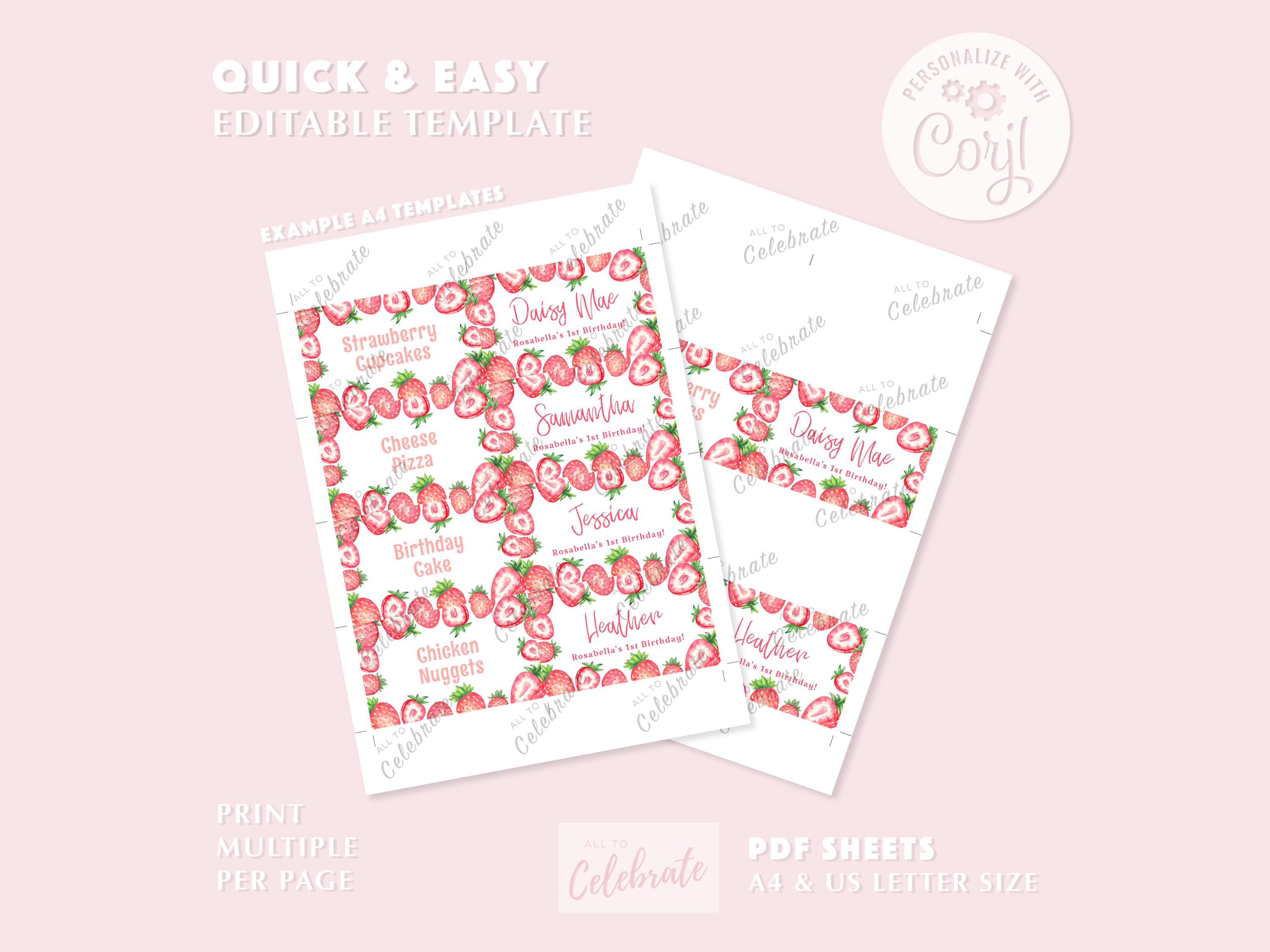 Berry Sweet Place Card Template, 1st Birthday Party Food Labels ...
