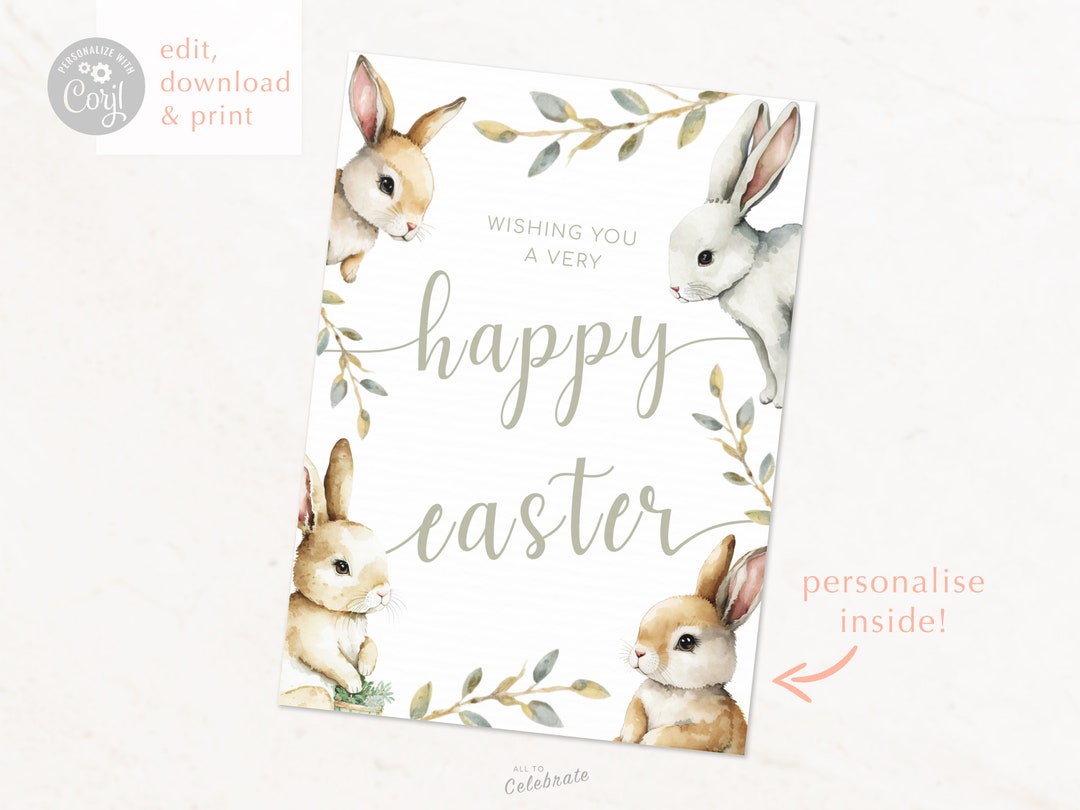 Customizable Easter Bunny Themed Happy Easter Card Editable Template ...