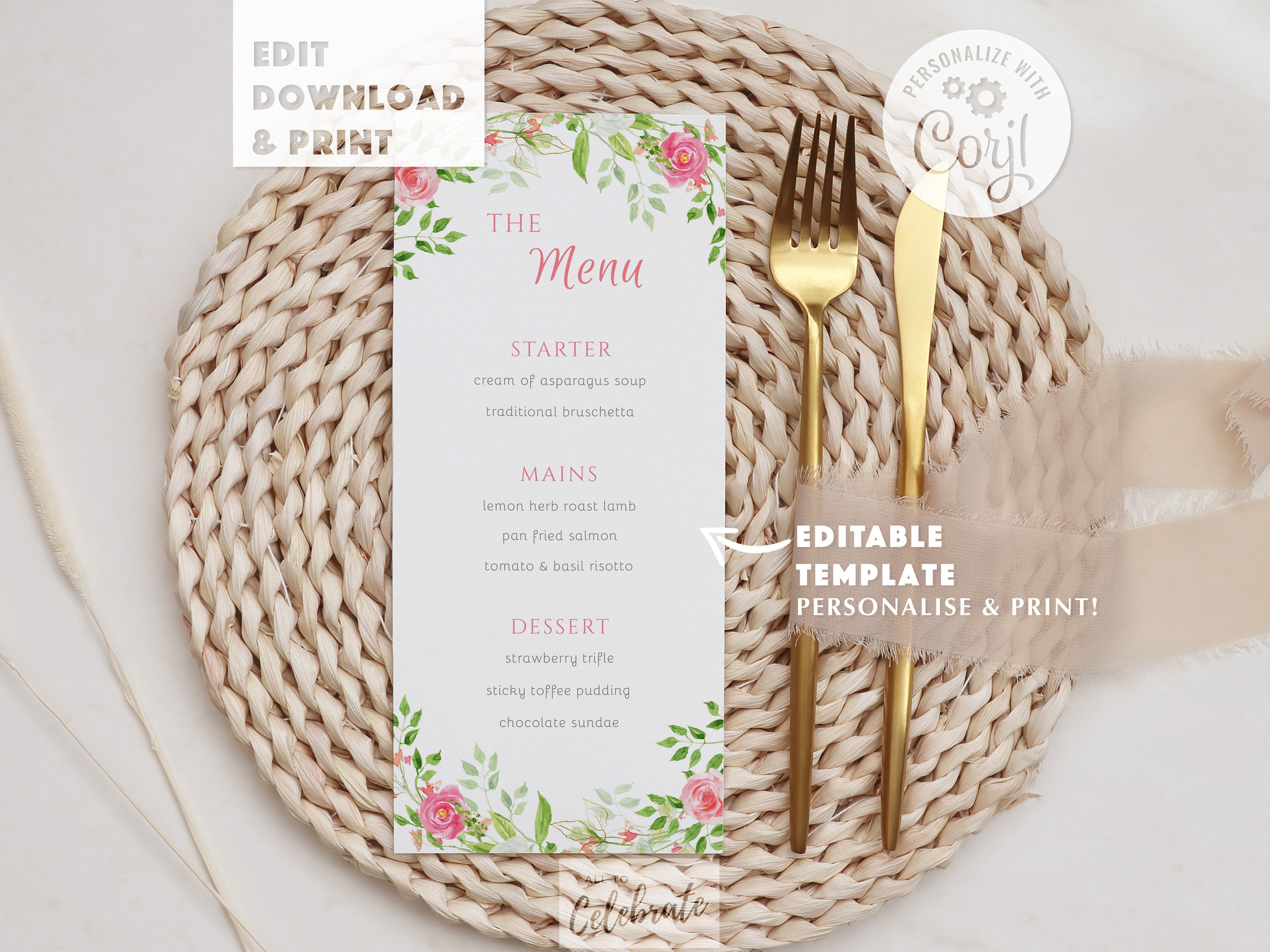 Editable Floral Themed Menu and Place Cards Floral Food Labels Template ...