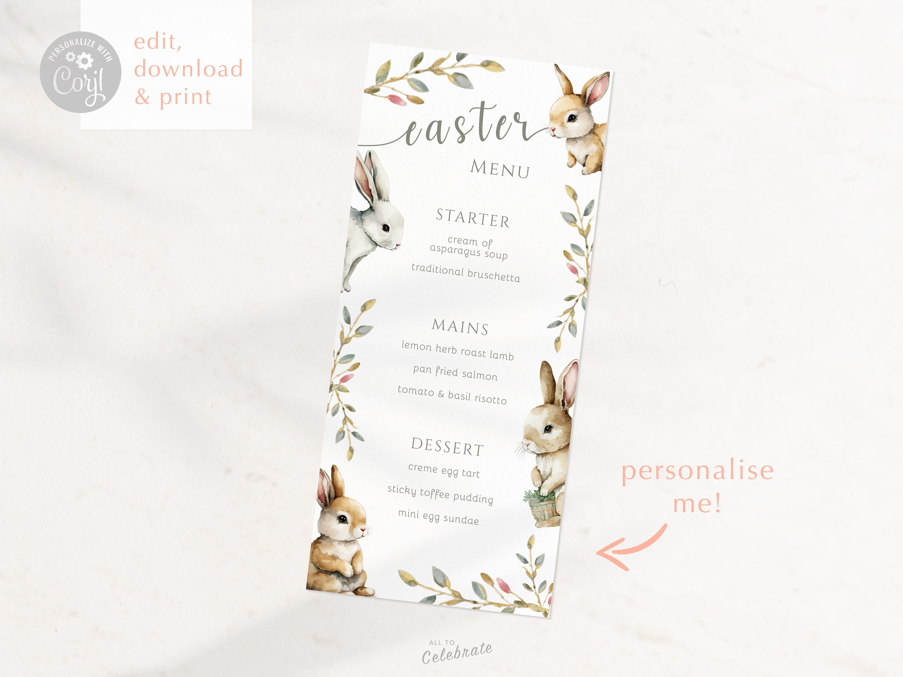 Editable Easter Bunny Themed Menu and Place Cards, Easter Menu Template ...