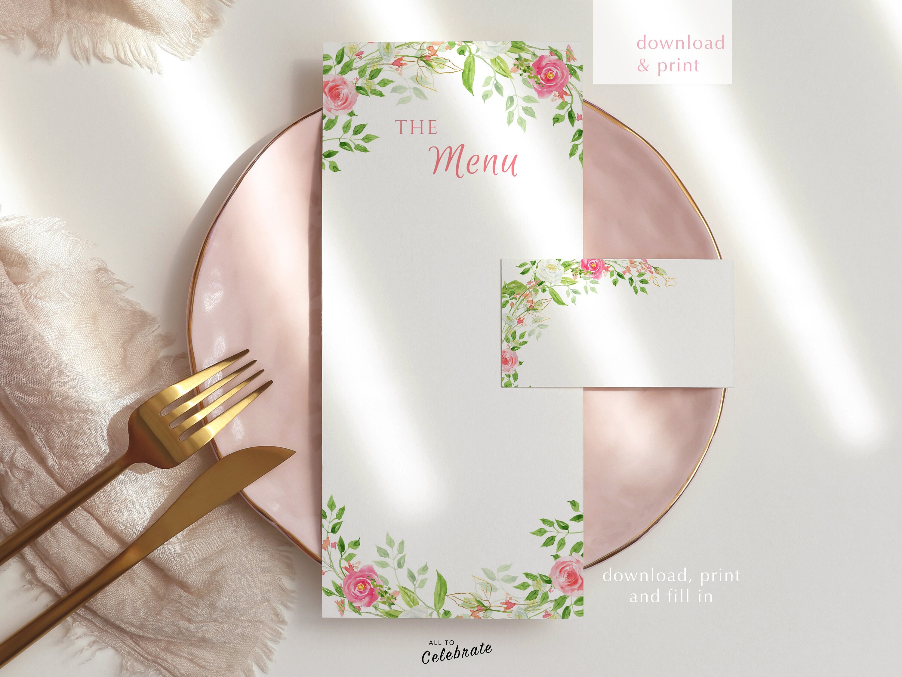 Printable Floral Themed Blank Menu and Place Cards Floral Food Labels ...