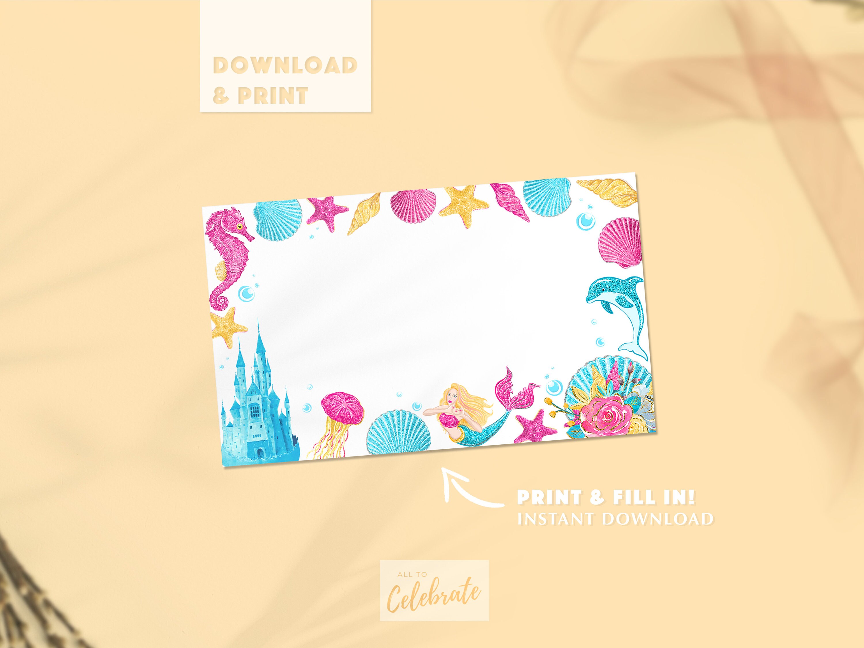 Printable Mermaid Themed Blank Party Food Labels Birthday Place Cards ...
