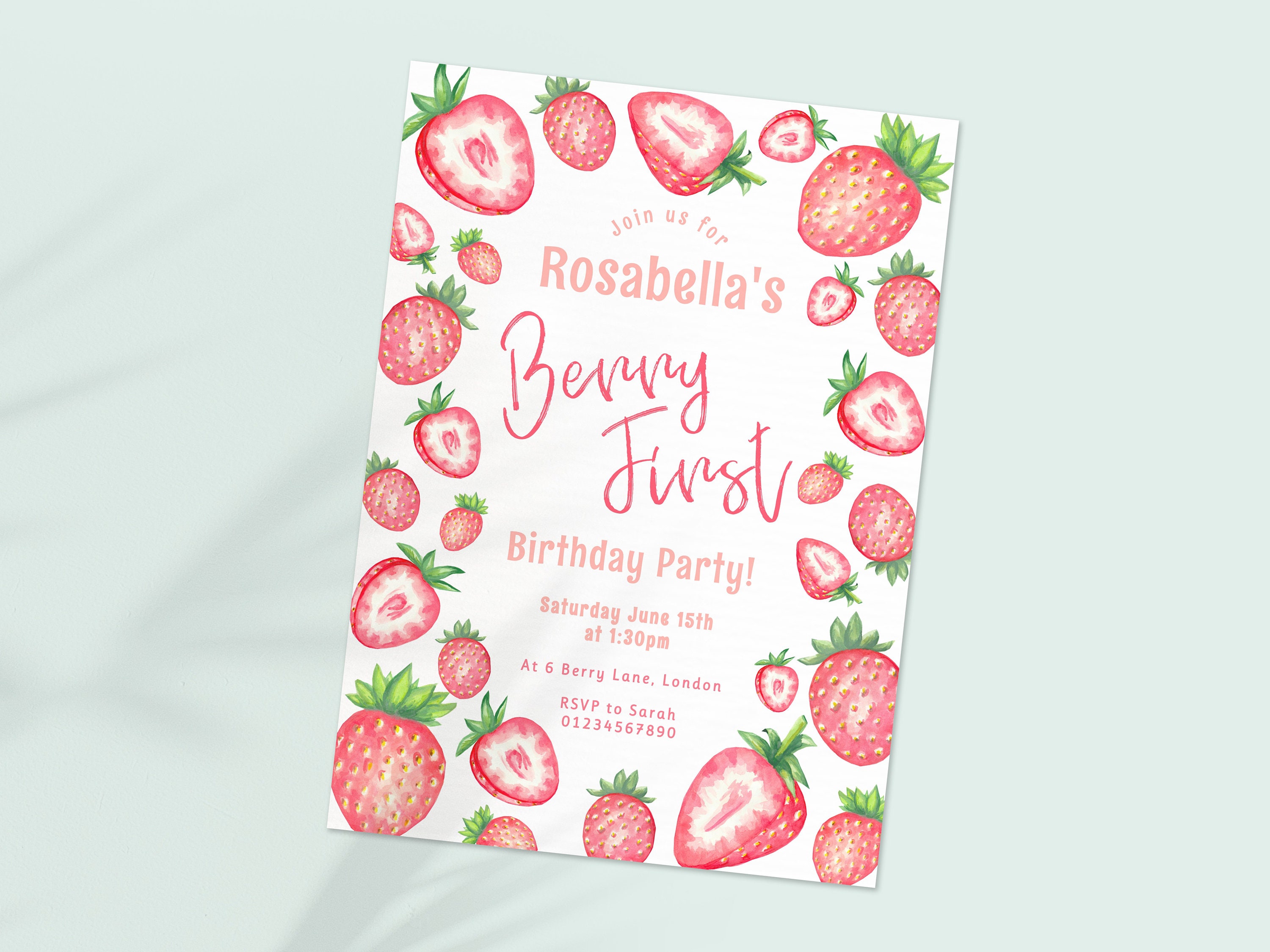 Berry First Birthday Invitation Template: Strawberry Theme (digital ...