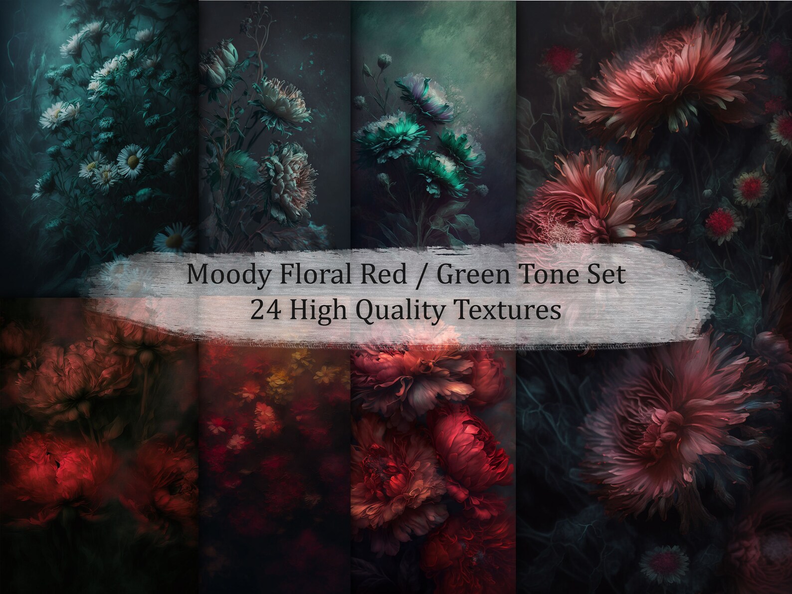 24 Moody Floral Textures, Fine Art Backdrops Set, Photoshop Overlays ...