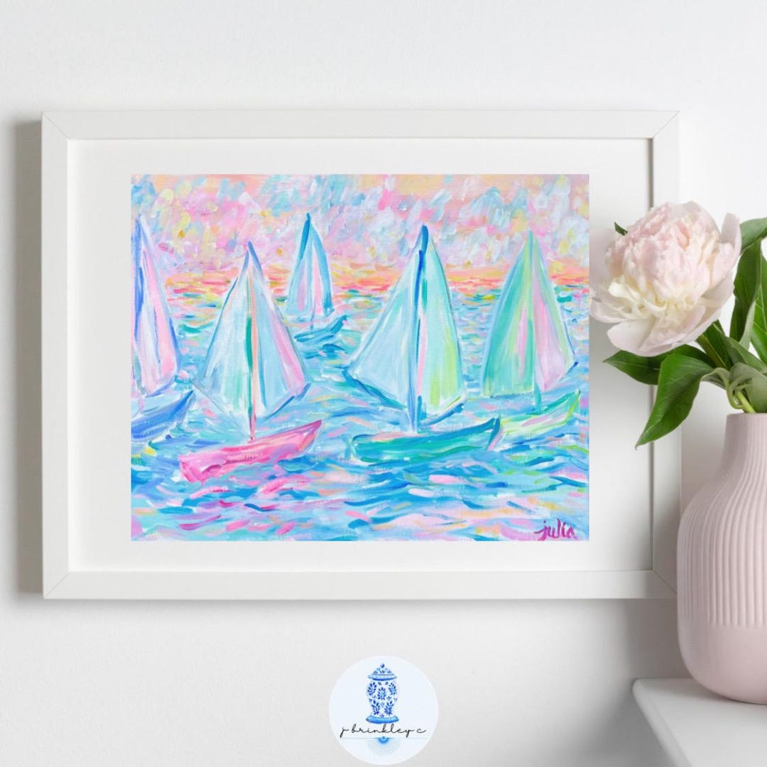 Colorful Sails Original Art PRINT, Sailboat Painting, Pink Art, Yacht ...