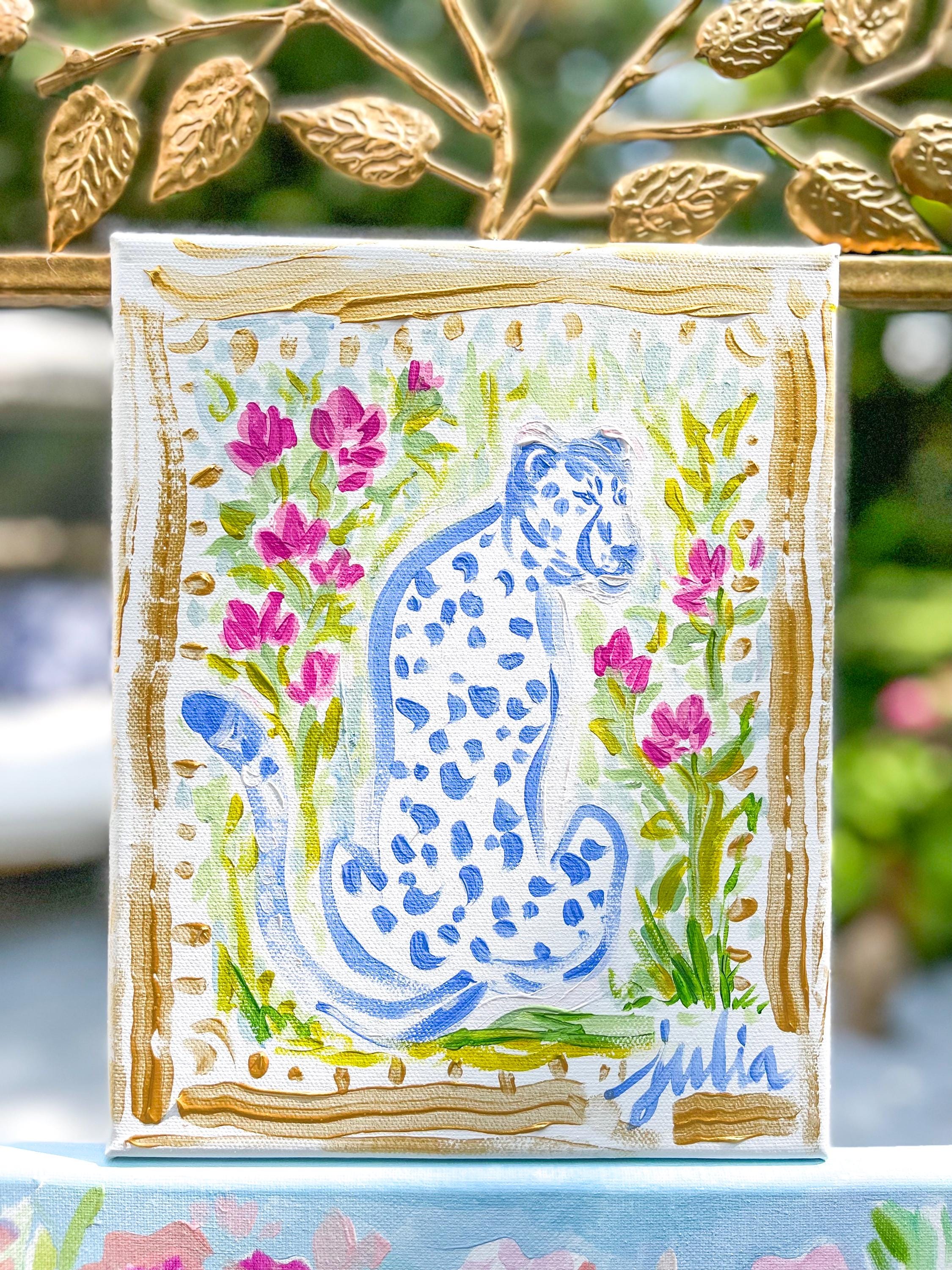 Gold Floral Cheetah Painting, 8x10 Flowers With Leopard Painting ...