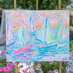 Sunset Ships Sailing Painting, 16x20 Original Artwork, Pastel Colored ...