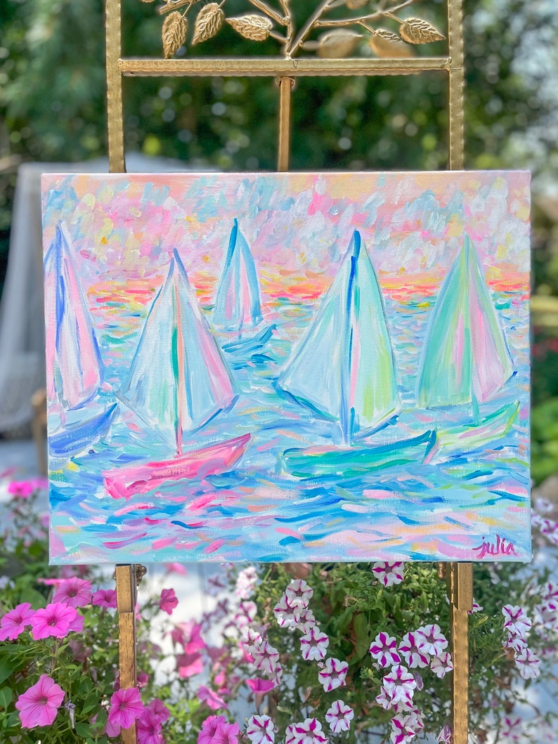 Sunset Ships Sailing Painting, 16x20 Original Artwork, Pastel Colored ...
