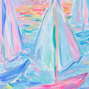 Sunset Ships Sailing Painting, 16x20 Original Artwork, Pastel Colored ...