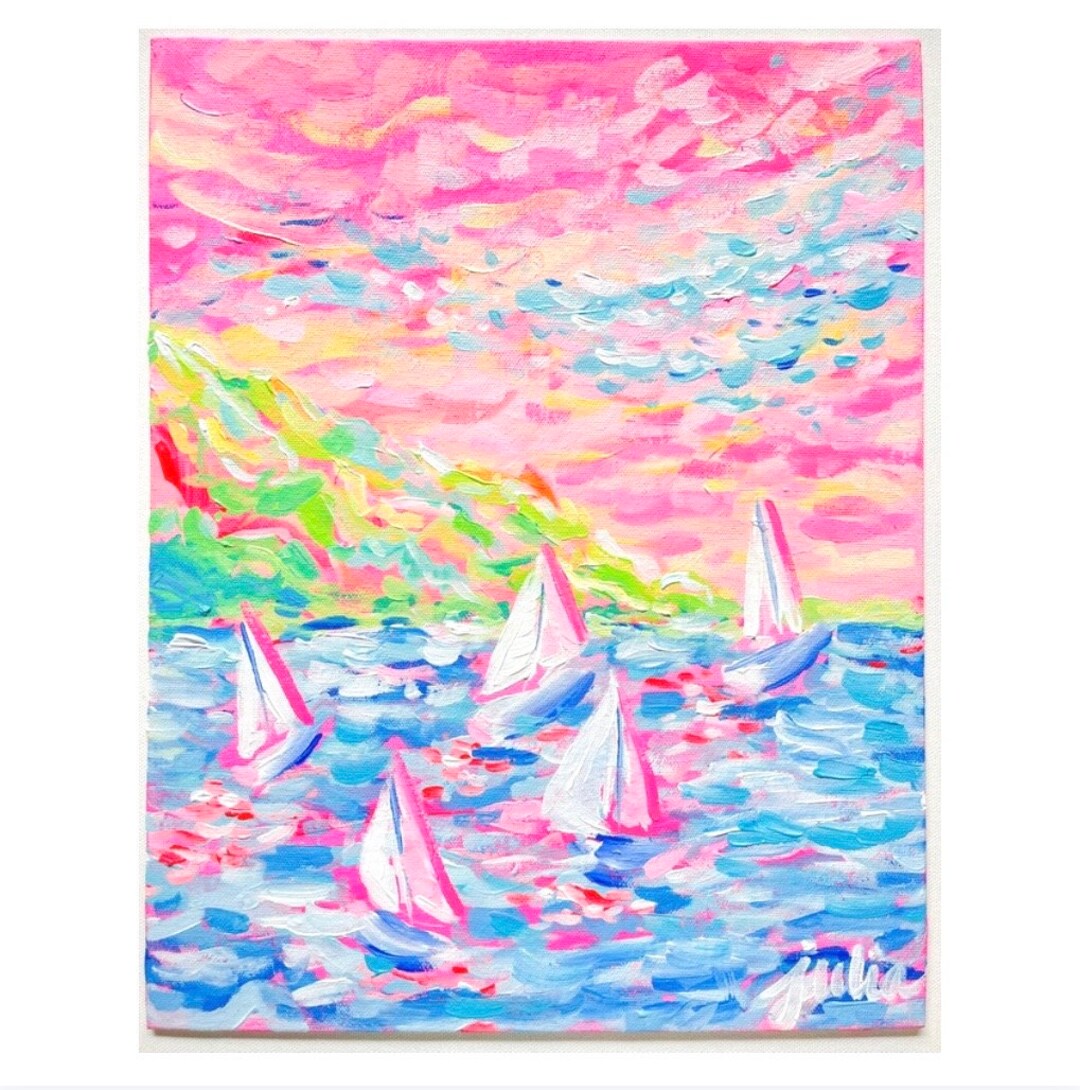 Colorful Sails Original Art PRINT, Sailboat Painting, Pink Art, Yacht ...