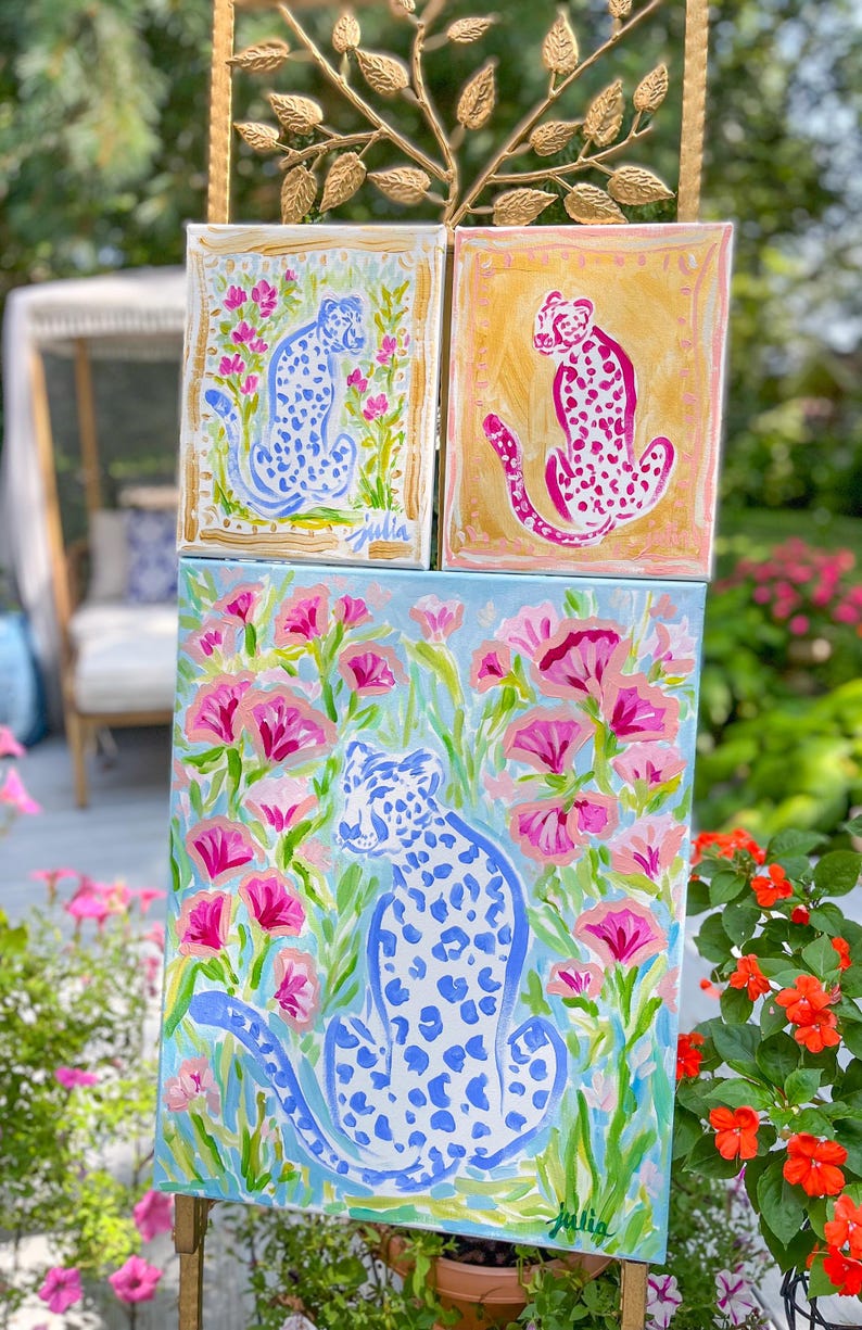 Gold Floral Cheetah Painting, 8x10 Flowers With Leopard Painting ...