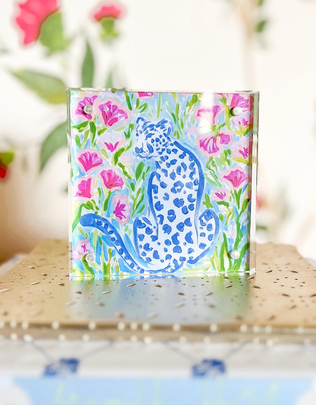 Colorful Cheetah Floral Print, Blue Leopard Painting, Preppy Animal Art ...