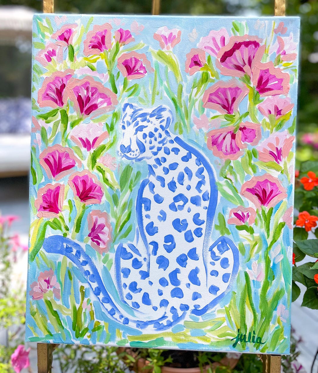 Floral Cheetah Painting, 16x20 Flowers With Leopard Painting, Leopard ...