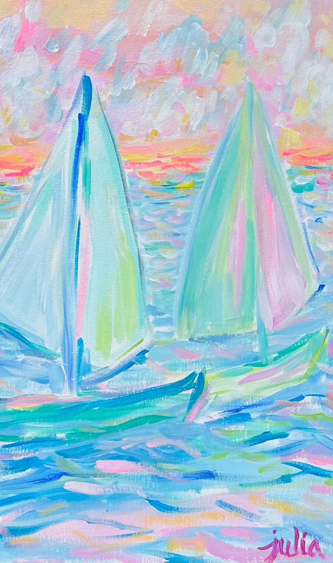 Sunset Ships Sailing Painting, 16x20 Original Artwork, Pastel Colored ...