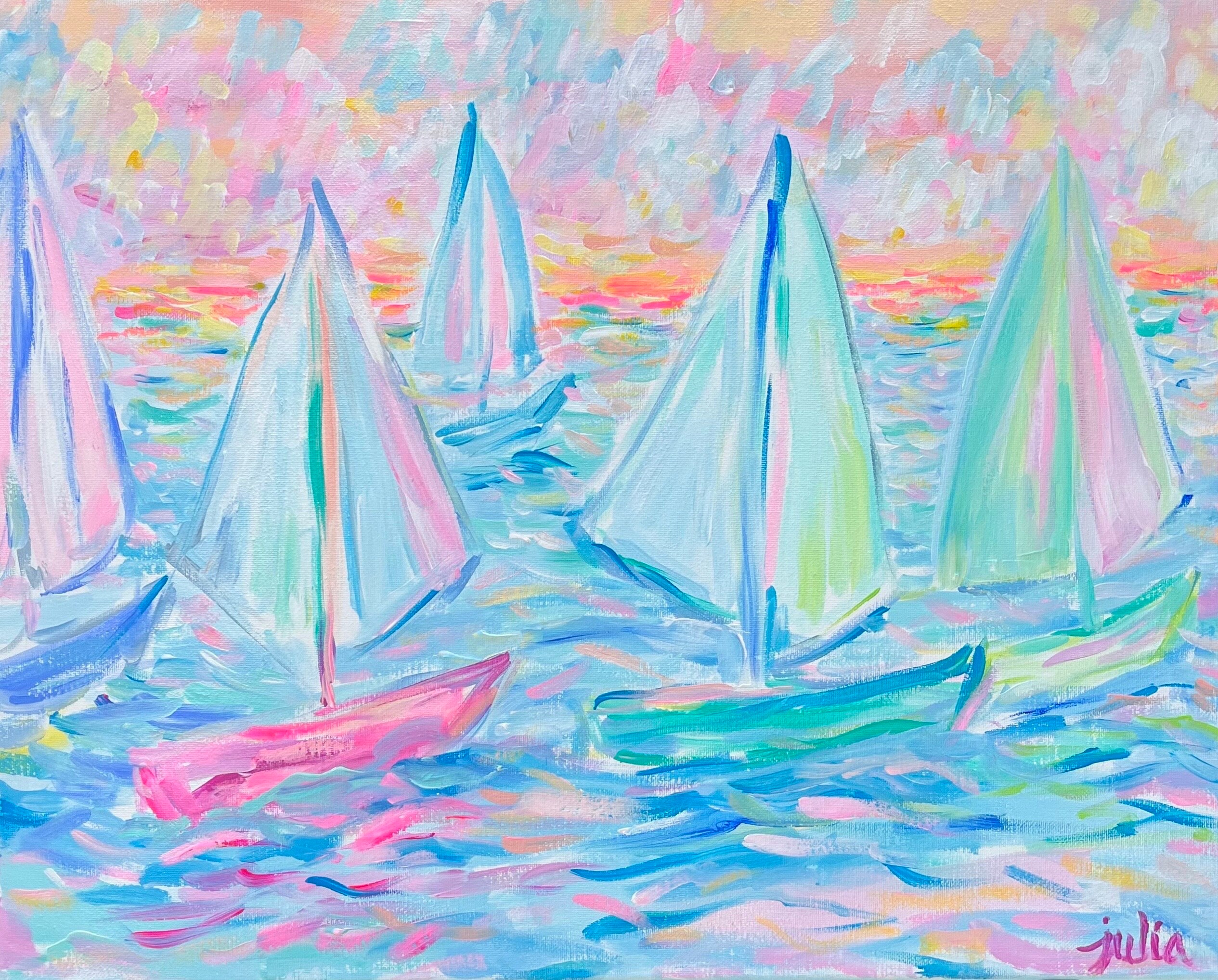 Sunset Ships Sailing Painting, 16x20 Original Artwork, Pastel Colored ...