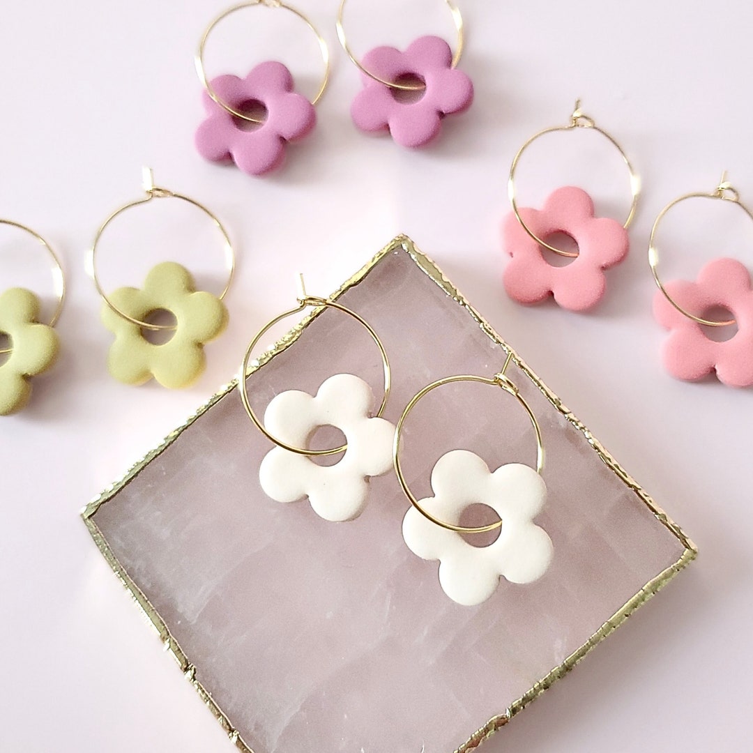 Polymer Clay Dainty Flower Spring Hoop Earrings Lightweight Earrings ...