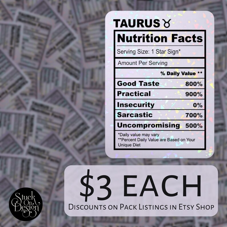 Taurus Nutrition Facts Holographic Sticker: Zodiac Astrology Car Decal ...