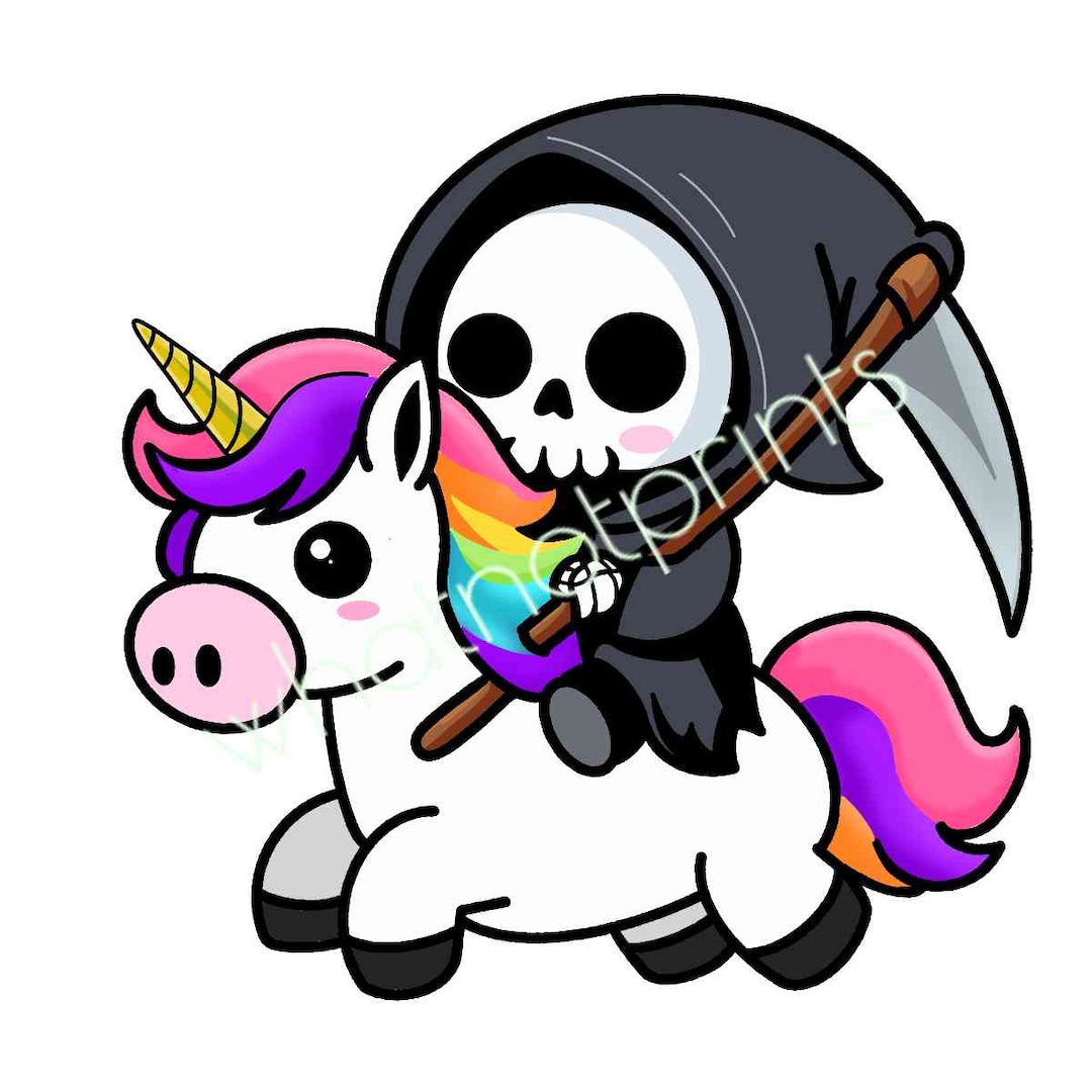 Grim Reaper Riding Unicorn, Cartoon PNG, Shirt/sticker Design (digital ...