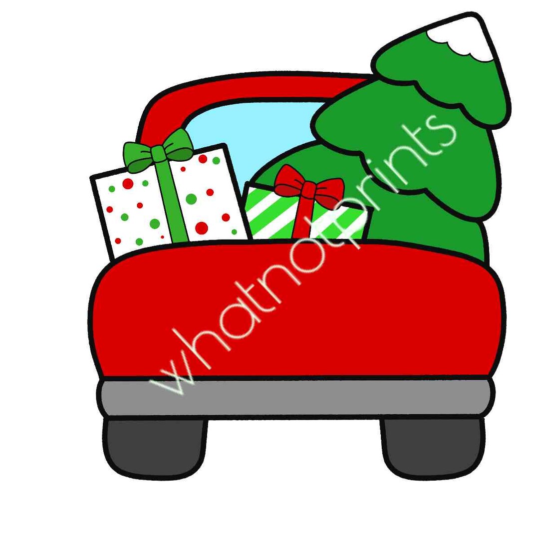Commercial Rear of Red Pickup Truck Carrying A Christmas Tree and Gifts ...