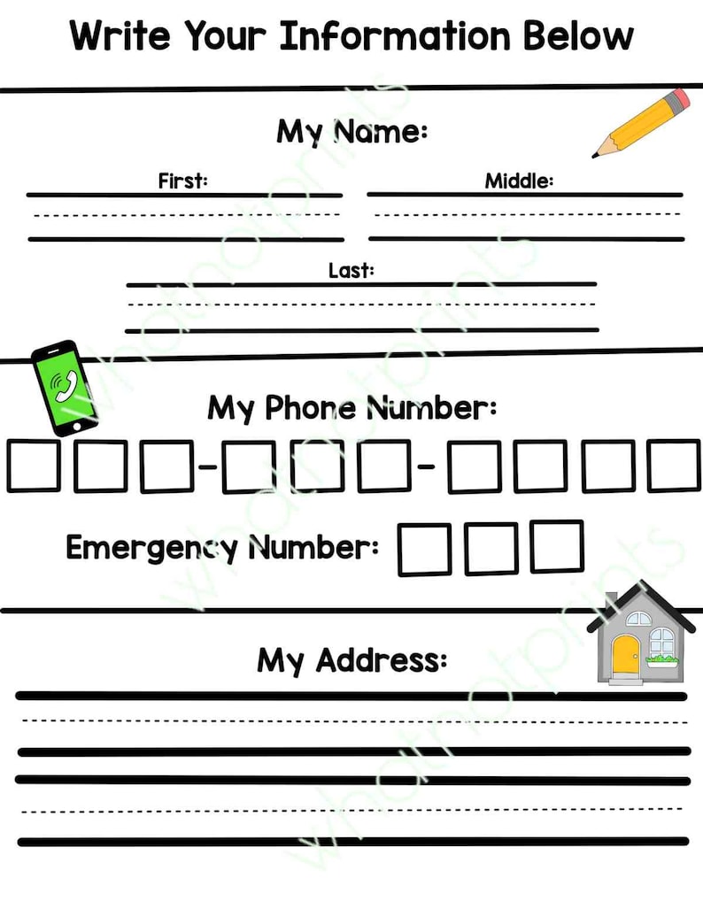 Write Your Information Worksheet for Kids Great for Emergencies PNG ...